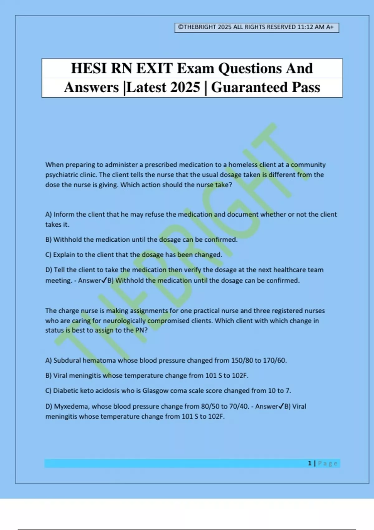 HESI RN EXIT Exam Questions And Answers |Latest 2025 | Guaranteed Pass ...