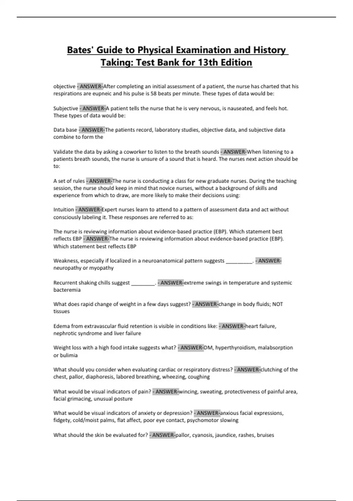 Bates' Guide to Physical Examination and History Taking: Test Bank for ...