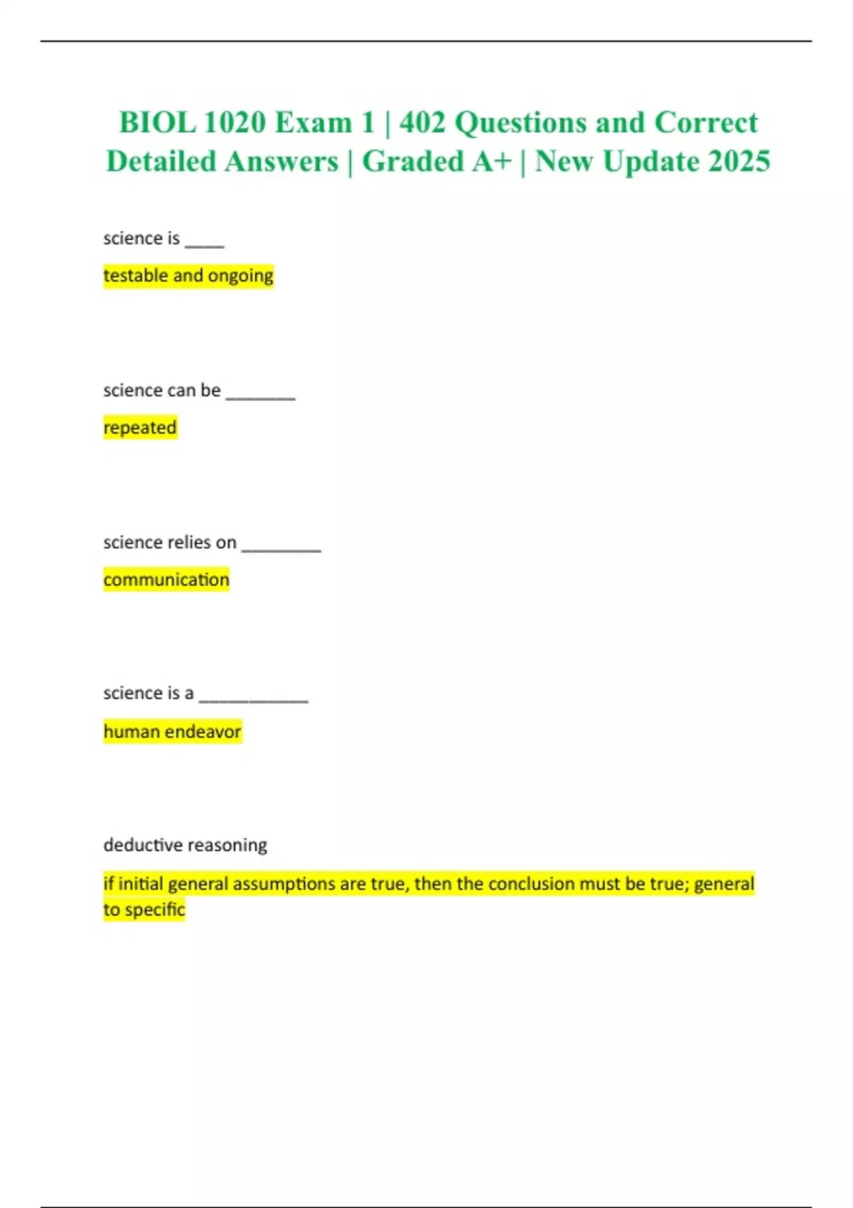 BIOL 1020 Exam 1 | 402 Questions and Correct Detailed Answers | Graded ...