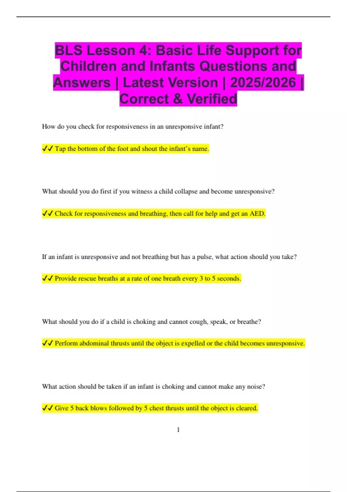 BLS Lesson 4: Basic Life Support for Children and Infants Questions and ...
