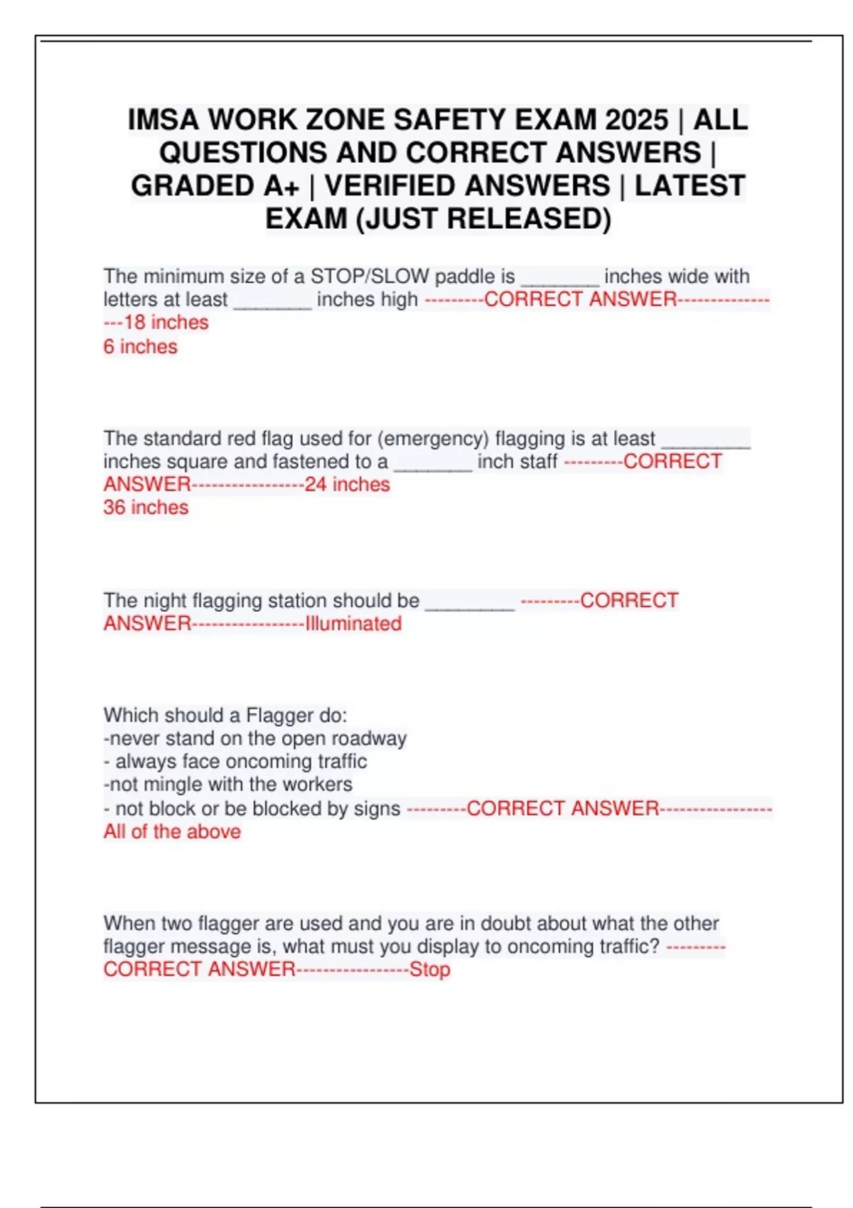 IMSA WORK ZONE SAFETY EXAM 2025 | ALL QUESTIONS AND CORRECT ANSWERS ...