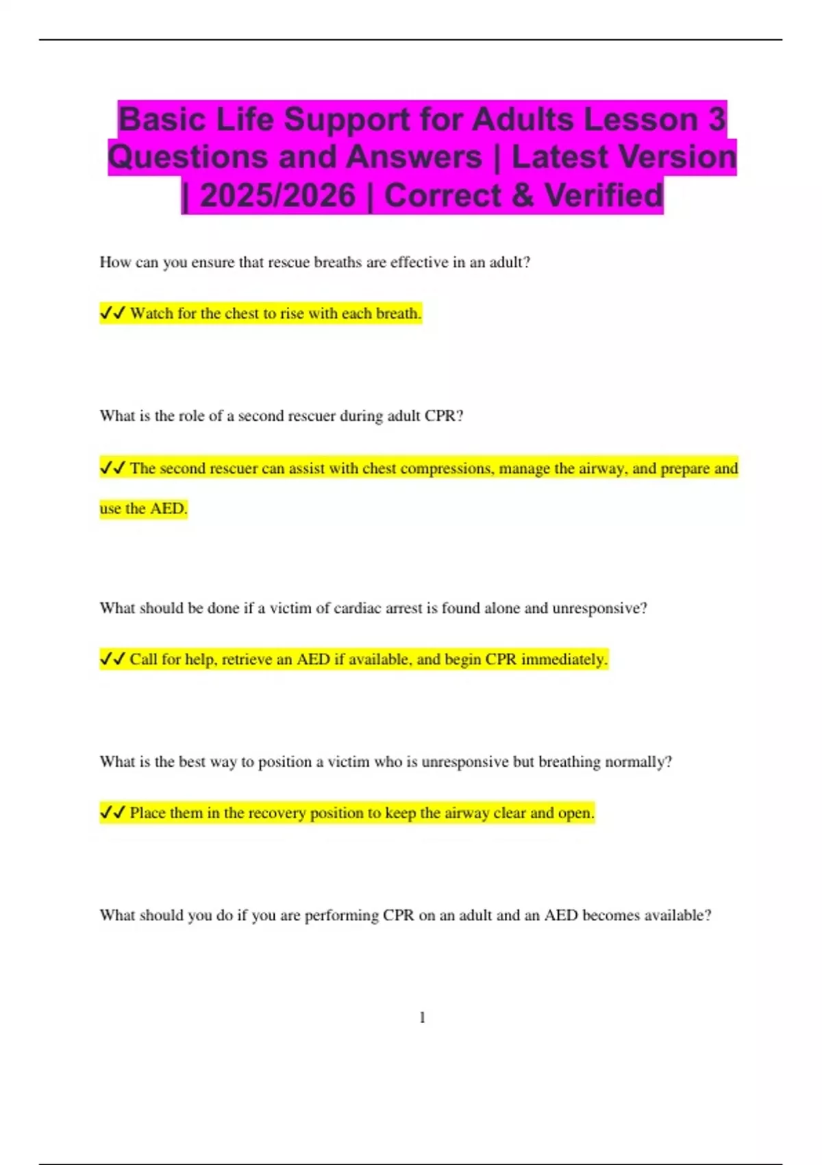 Basic Life Support for Adults Lesson 3 Questions and Answers | Latest ...