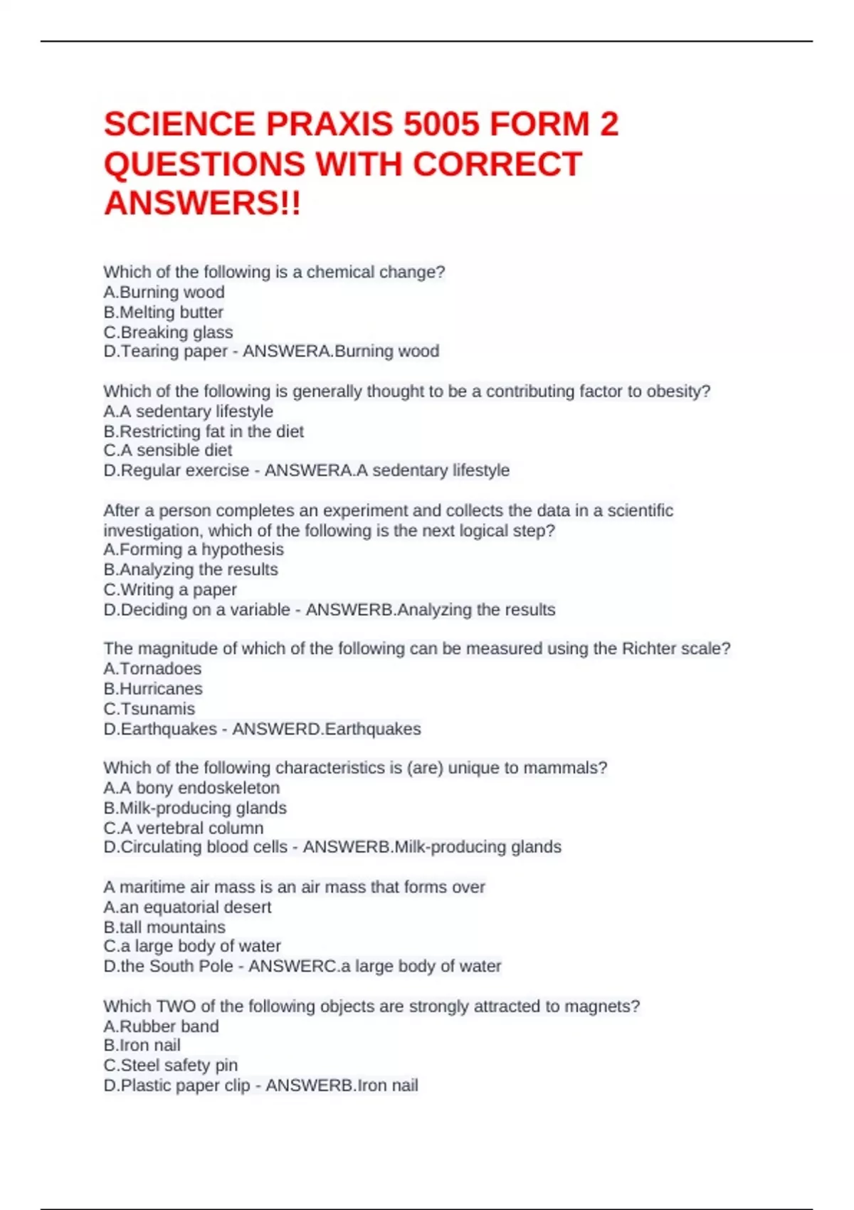 SCIENCE PRAXIS 5005 FORM 2 QUESTIONS WITH CORRECT ANSWERS!! - SCIENCE ...