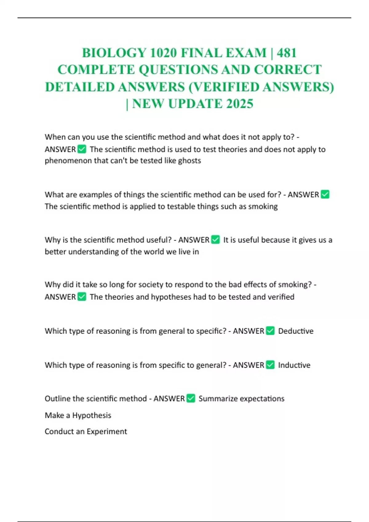 BIOLOGY 1020 FINAL EXAM | 481 COMPLETE QUESTIONS AND CORRECT DETAILED ...