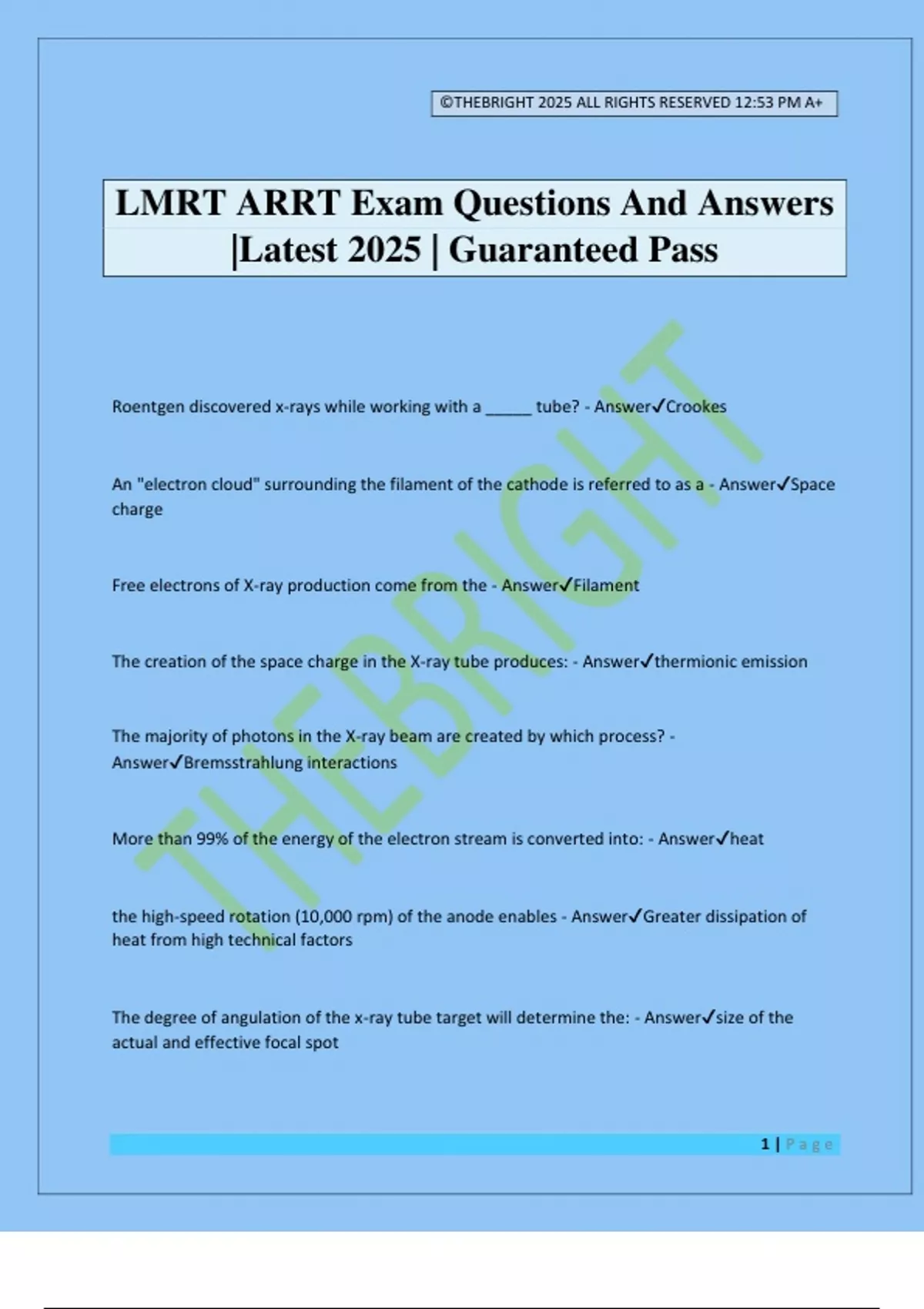 LMRT ARRT Exam Questions And Answers |Latest 2025 | Guaranteed Pass ...