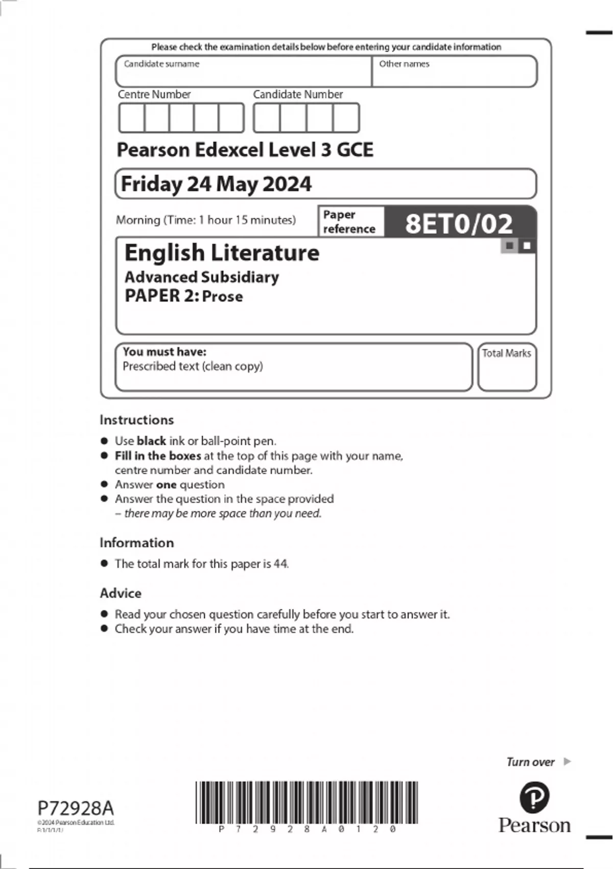 2024 Pearson Edexcel Level 3 GCE English Literature Advanced Subsidiary ...