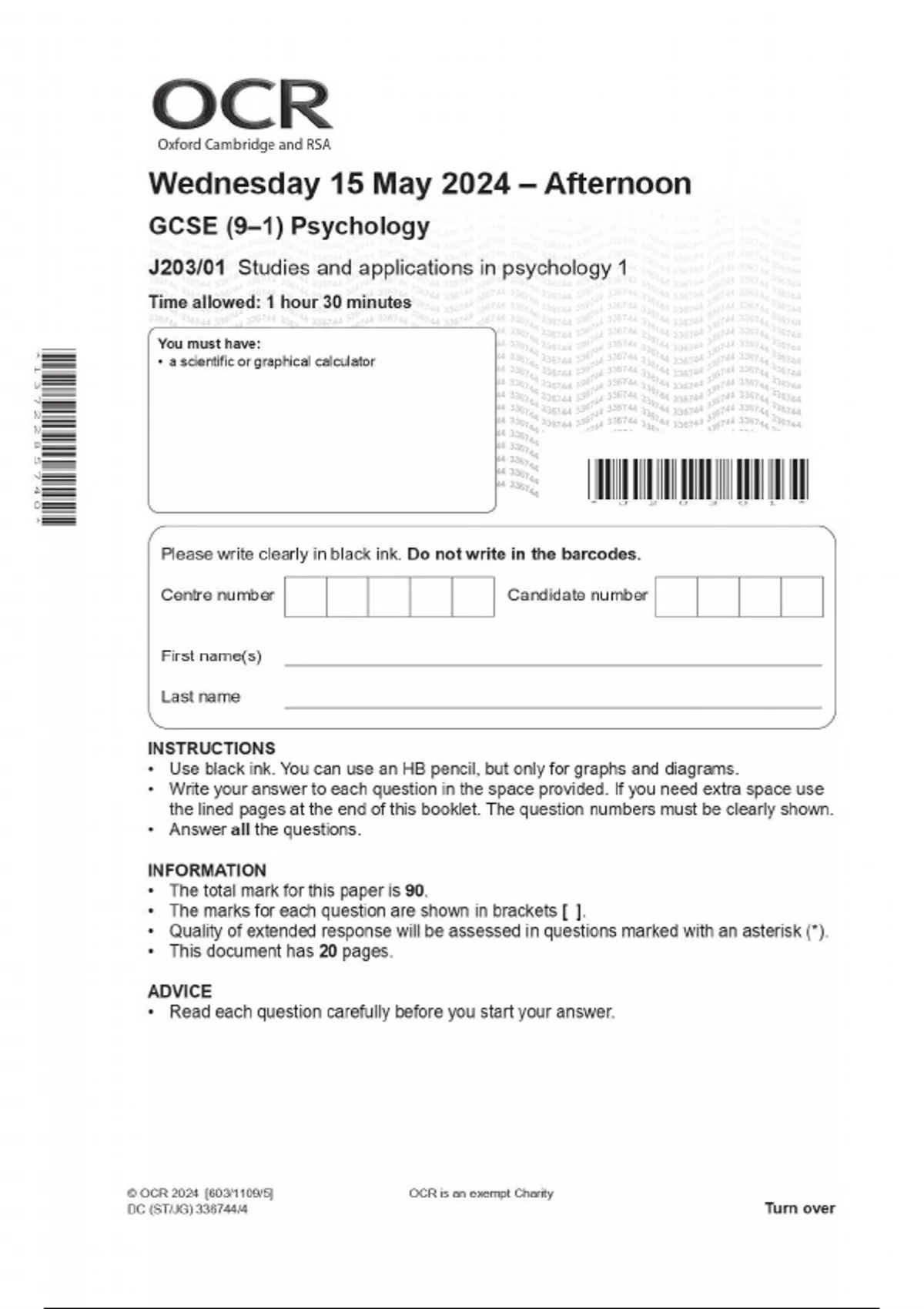 ACTUAL 2024 OCR GCSE (9–1) PSYCHOLOGY J203/01 STUDIES AND APPLICATIONS ...