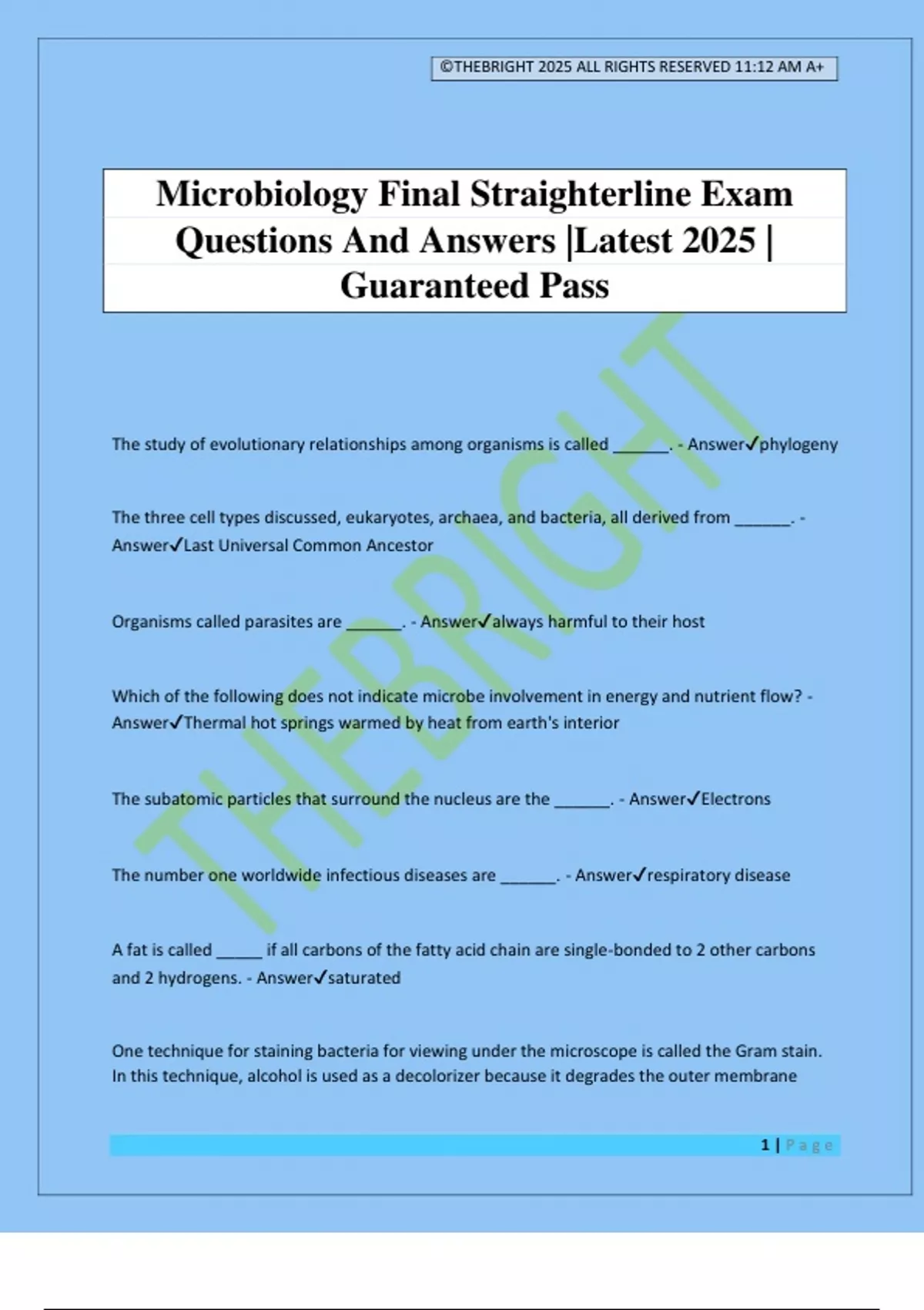 Microbiology Final Straighterline Exam Questions And Answers |Latest ...