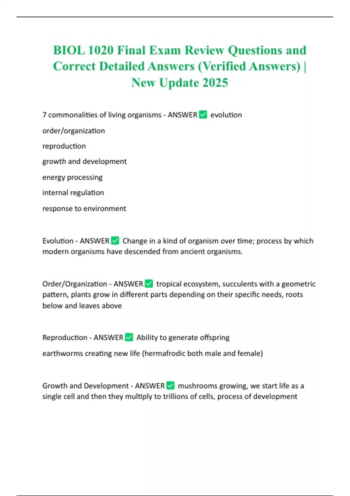 BIOL 1020 Final Exam Review Questions and Correct Detailed Answers ...