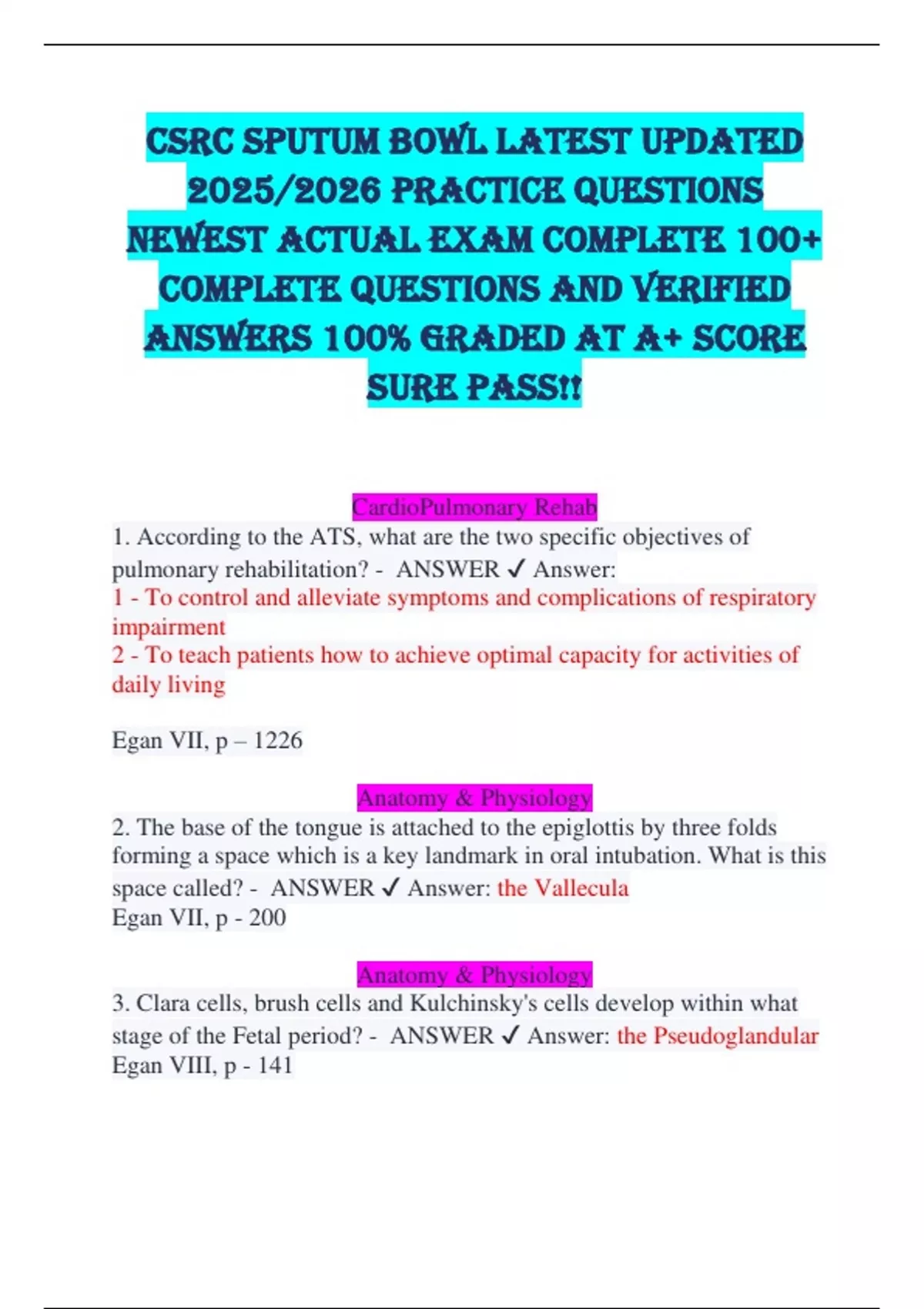 CSRC SPUTUM BOWL LATEST UPDATED 2025/2026 PRACTICE QUESTIONS NEWEST ...