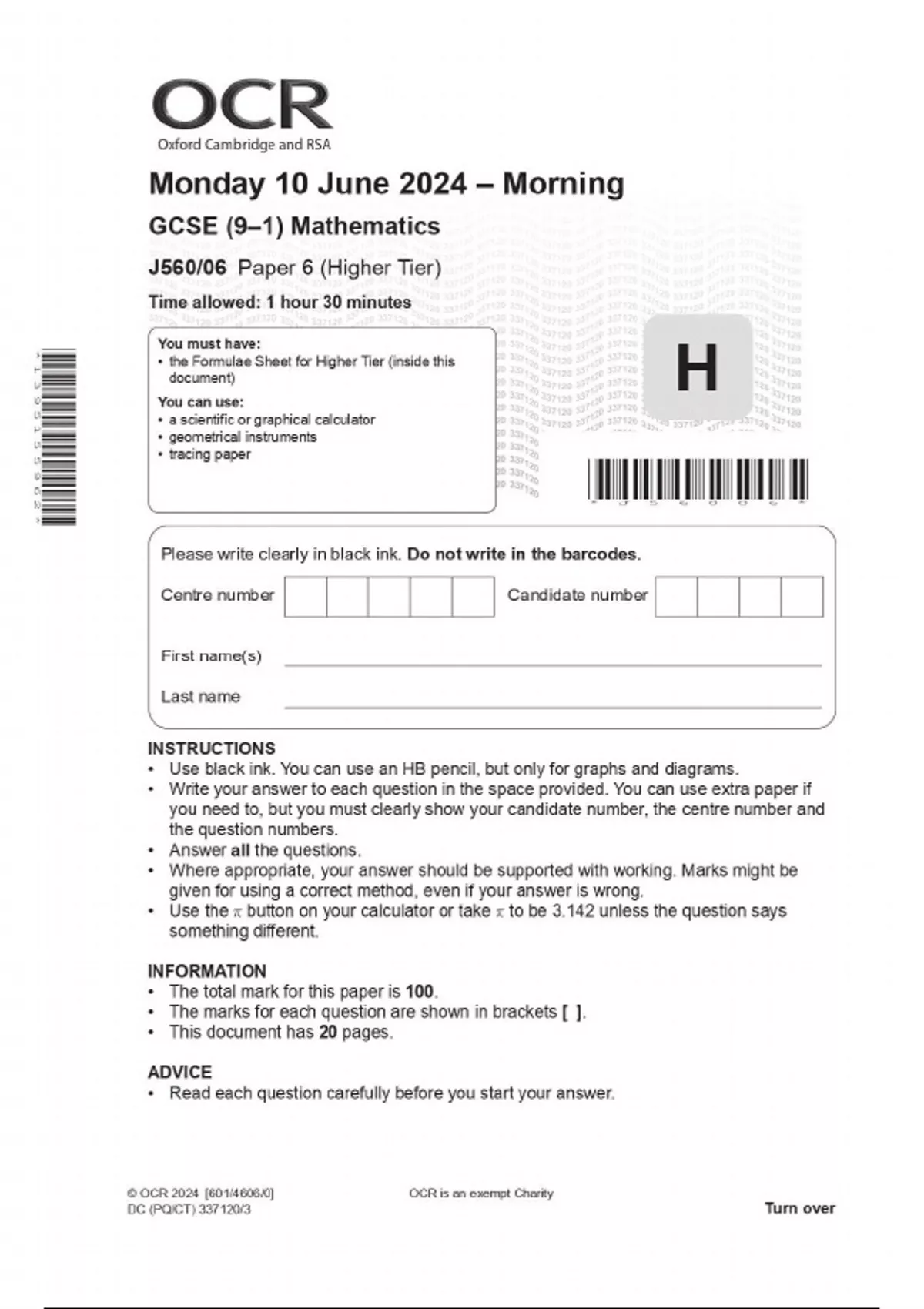 ACTUAL 2024 OCR GCSE(9–1)MATHEMATICS J560/06 PAPER 6 (HIGHER TIER ...