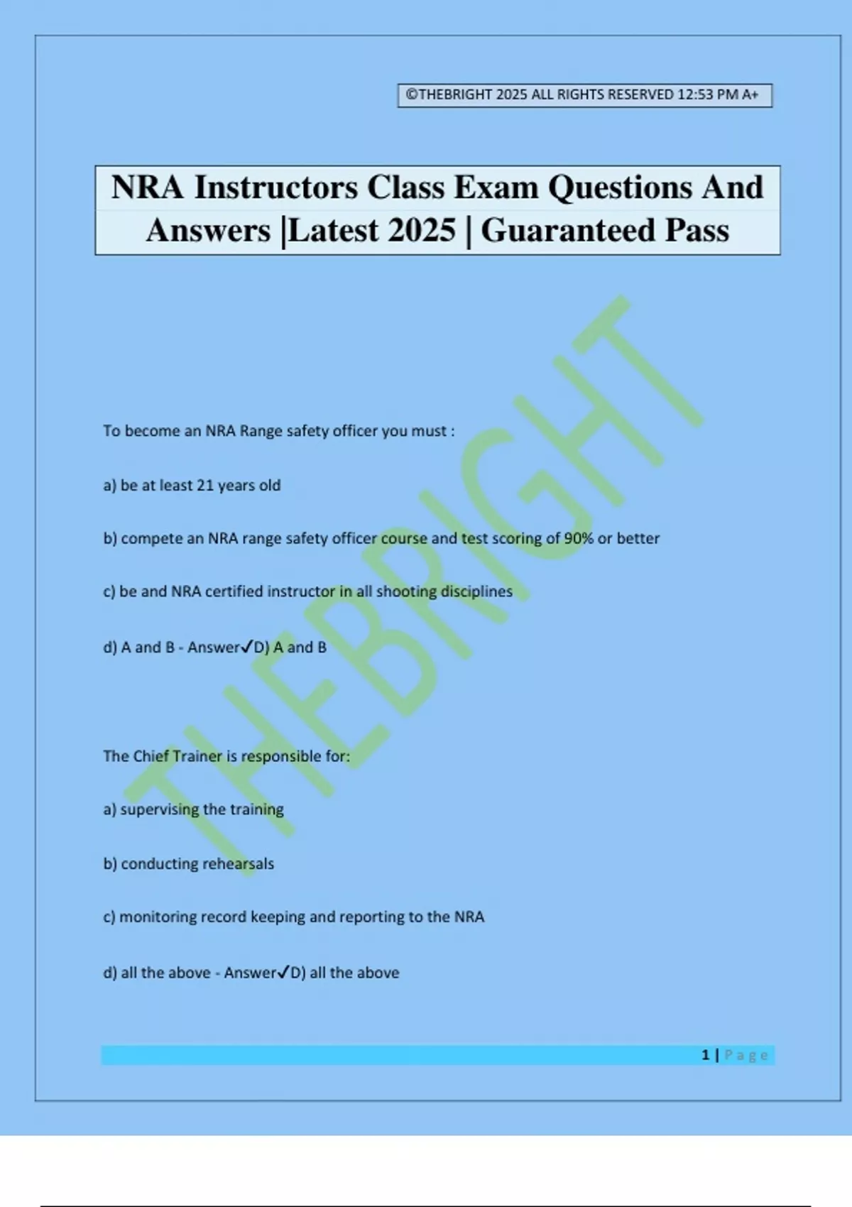 NRA Instructors Class Exam Questions And Answers |Latest 2025 ...