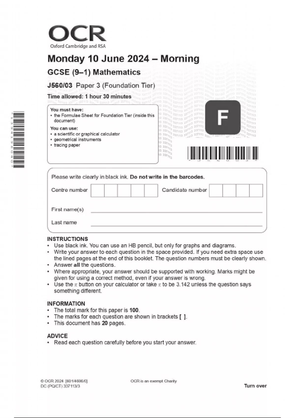 ACTUAL 2024 OCR GCSE (9–1) MATHEMATICS J560/03 PAPER 3 (FOUNDATION TIER ...