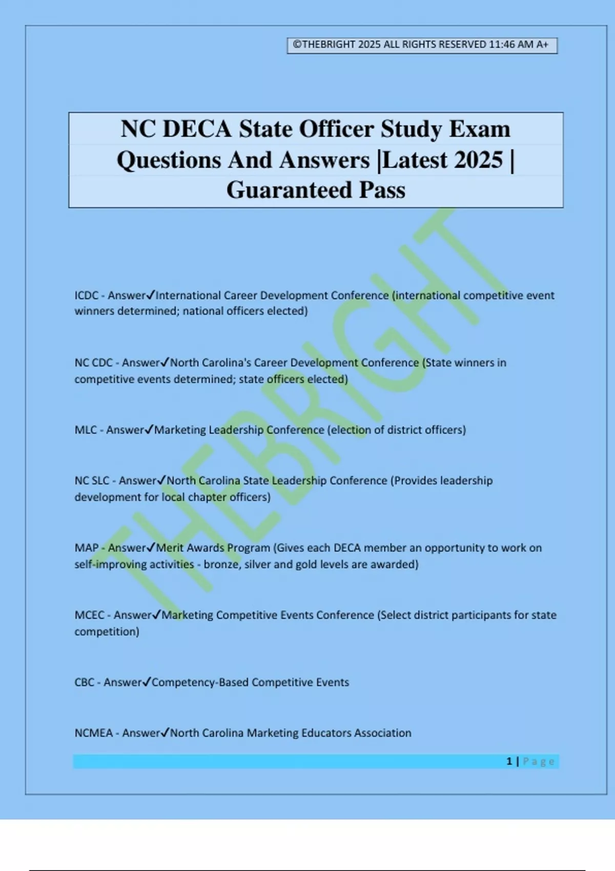 NC DECA State Officer Study Exam Questions And Answers |Latest 2025 ...