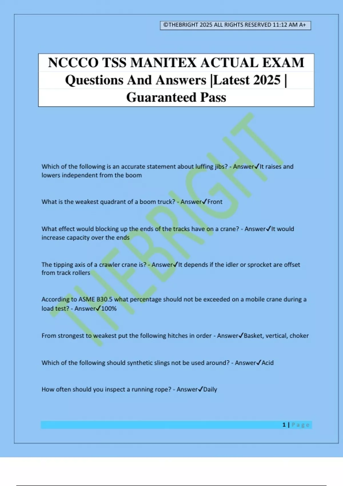 NCCCO TSS MANITEX ACTUAL EXAM Questions And Answers |Latest 2025 ...