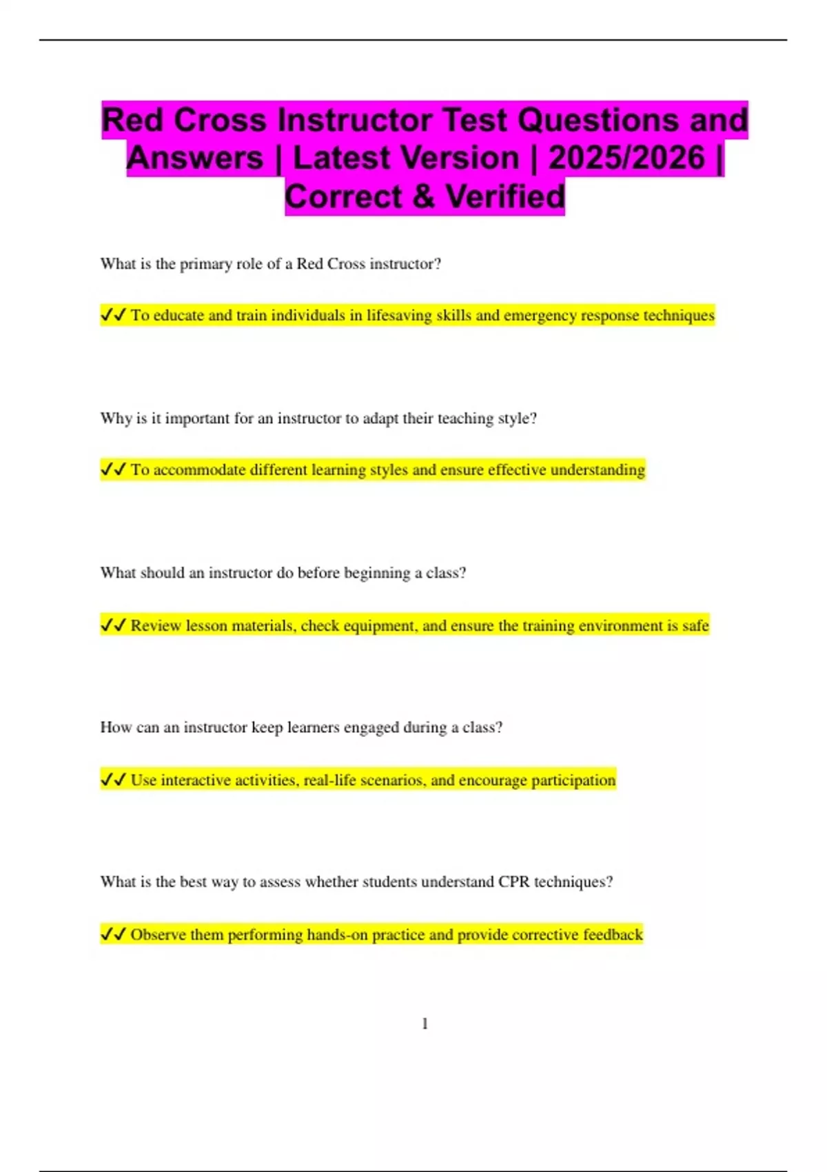 Red Cross Instructor Test Questions and Answers | Latest Version | 2025 ...