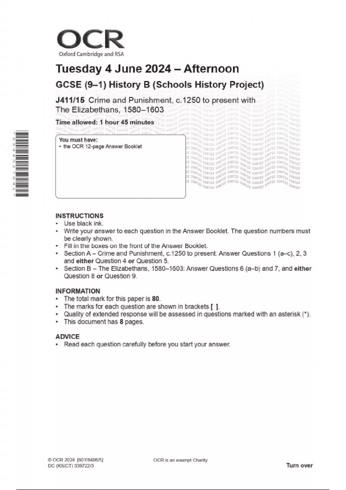 ACTUAL 2024 OCR GCSE (9–1) HISTORY B (SCHOOLS HISTORY PROJECT) J411/15 ...