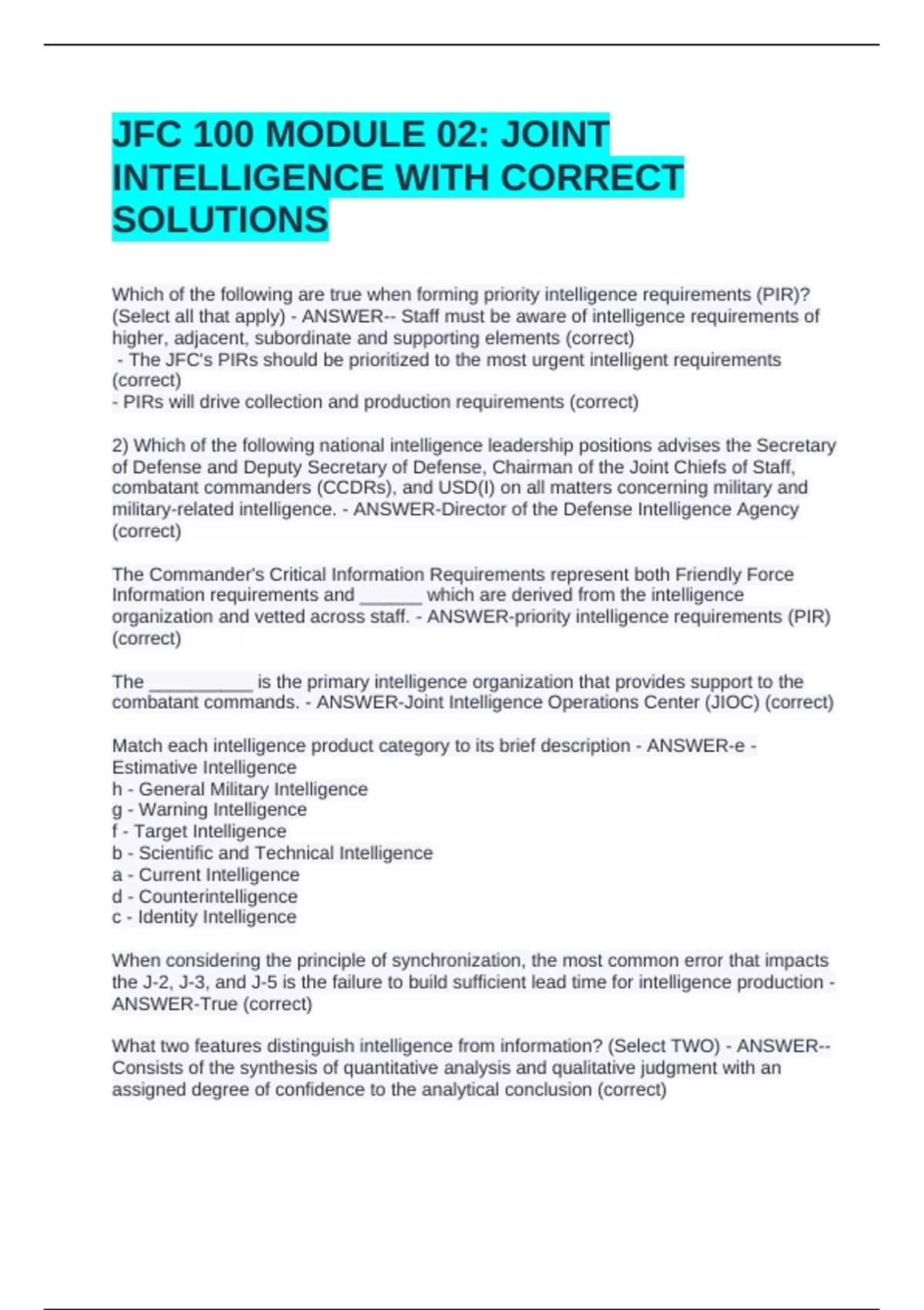JFC 100 MODULE 02: JOINT INTELLIGENCE WITH CORRECT SOLUTIONS - JFC 100 ...