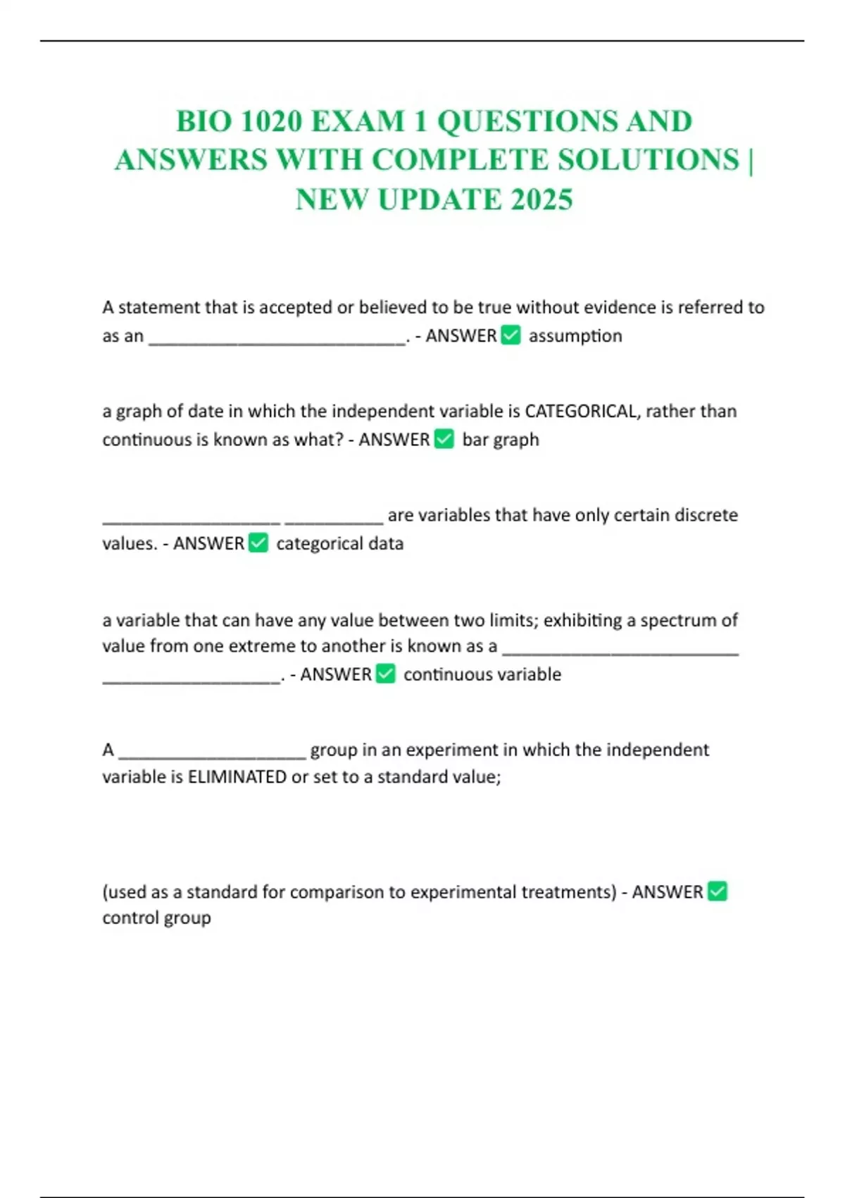 BIO 1020 EXAM 1 QUESTIONS AND ANSWERS WITH COMPLETE SOLUTIONS | NEW ...