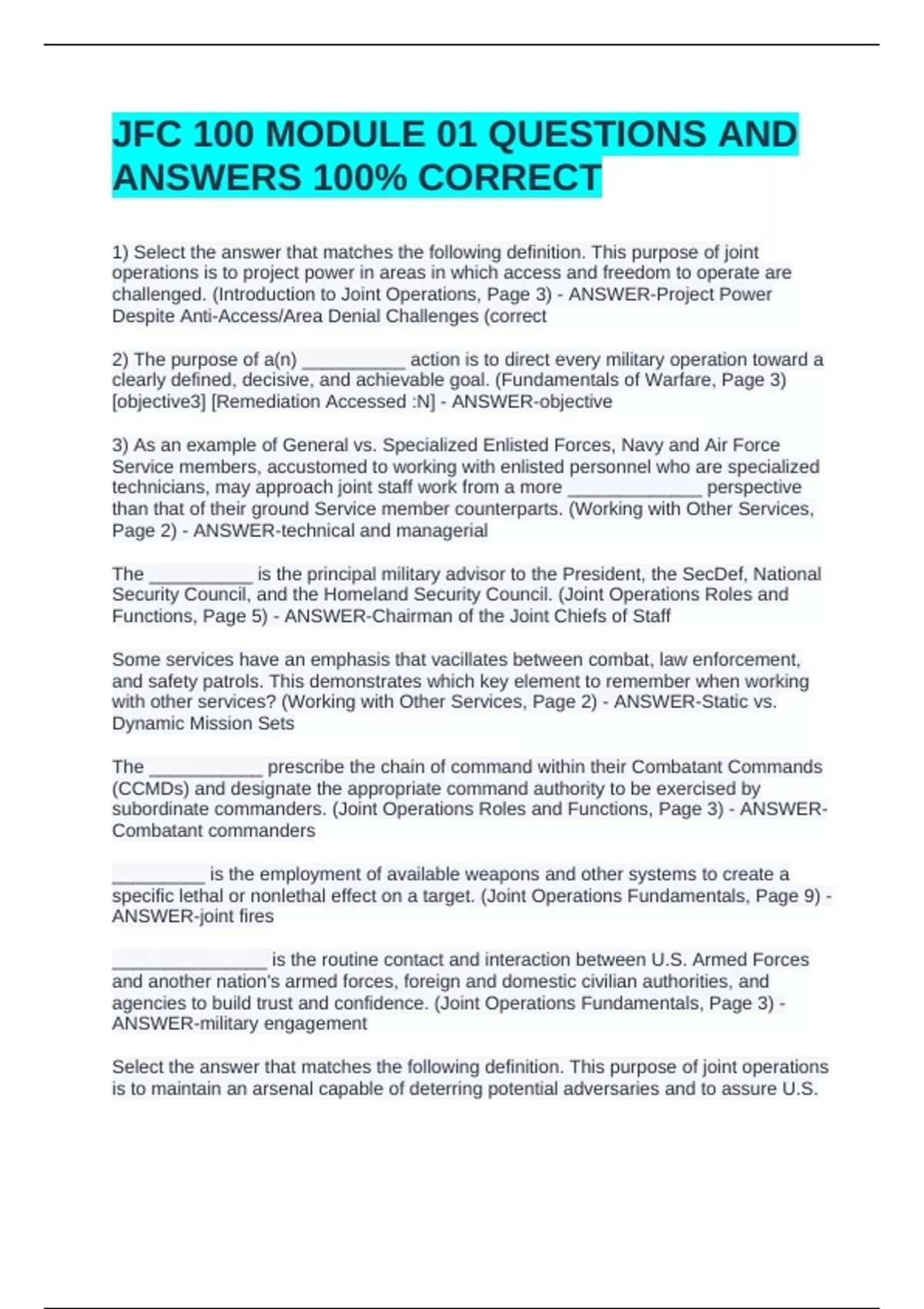 JFC 100 MODULE 01 QUESTIONS AND ANSWERS 100% CORRECT - JFC 100 - Stuvia US