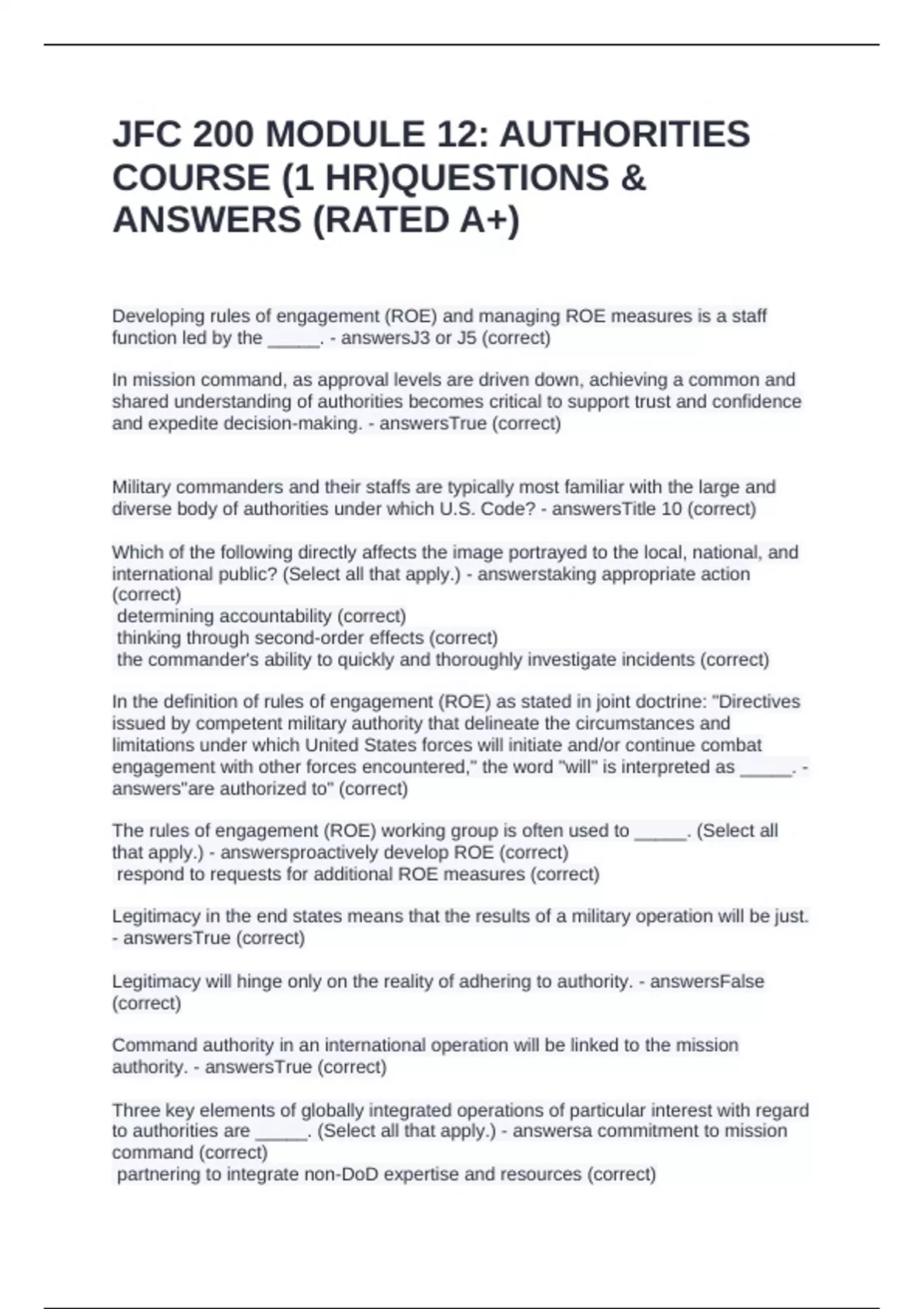 JFC 200 MODULE 12: AUTHORITIES COURSE (1 HR)QUESTIONS & ANSWERS (RATED ...