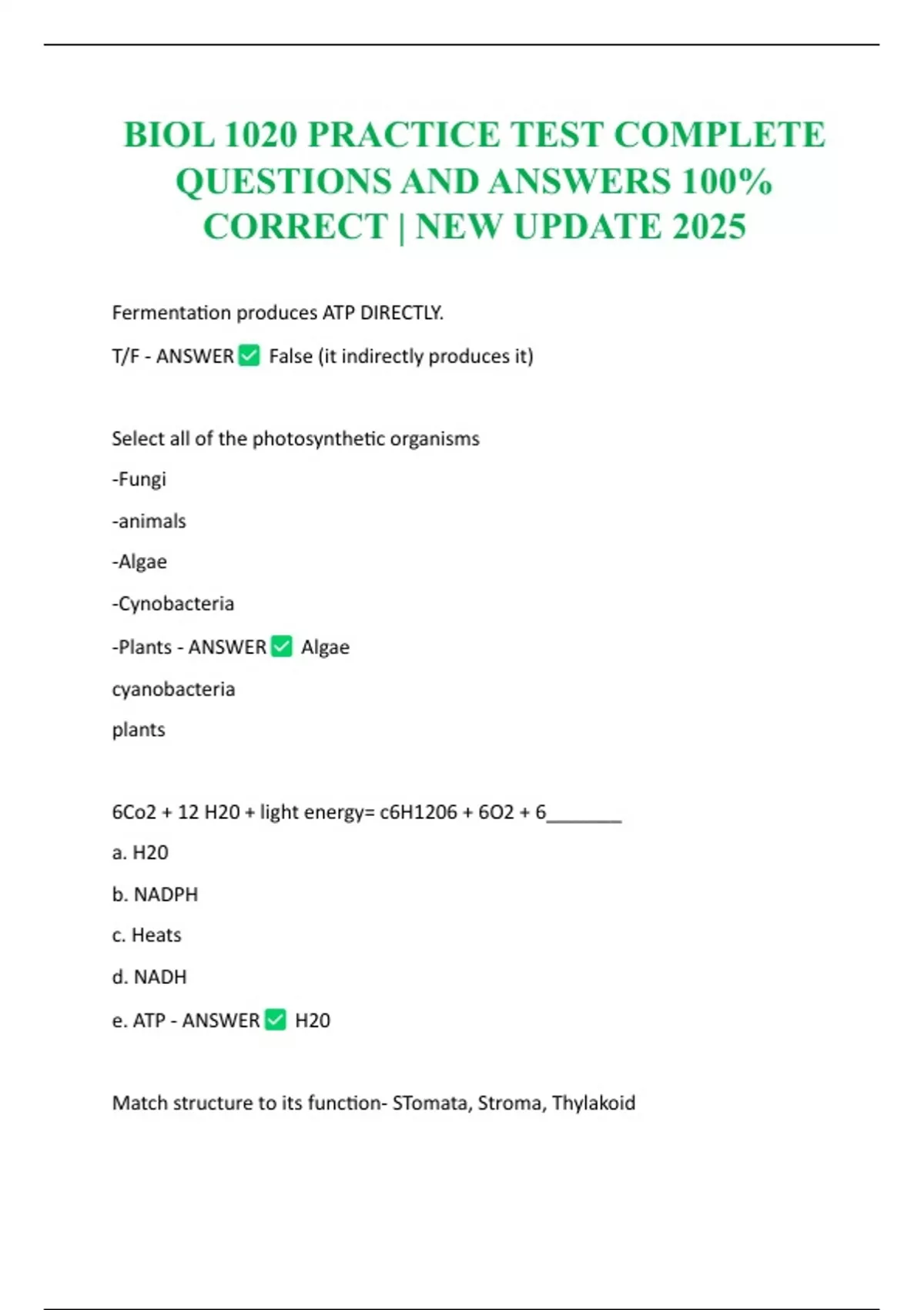 BIOL 1020 PRACTICE TEST COMPLETE QUESTIONS AND ANSWERS 100% CORRECT ...