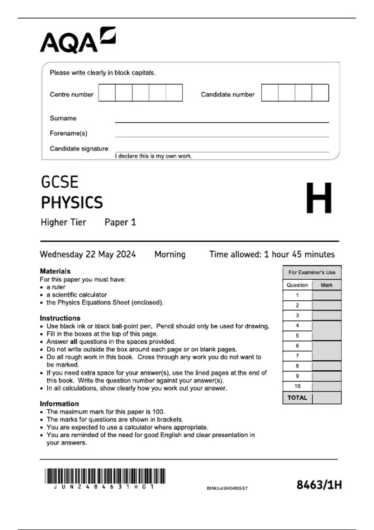 2024 AQA GCSE PHYSICS Higher Tier Paper 1 H - AQA GCSE - Stuvia US