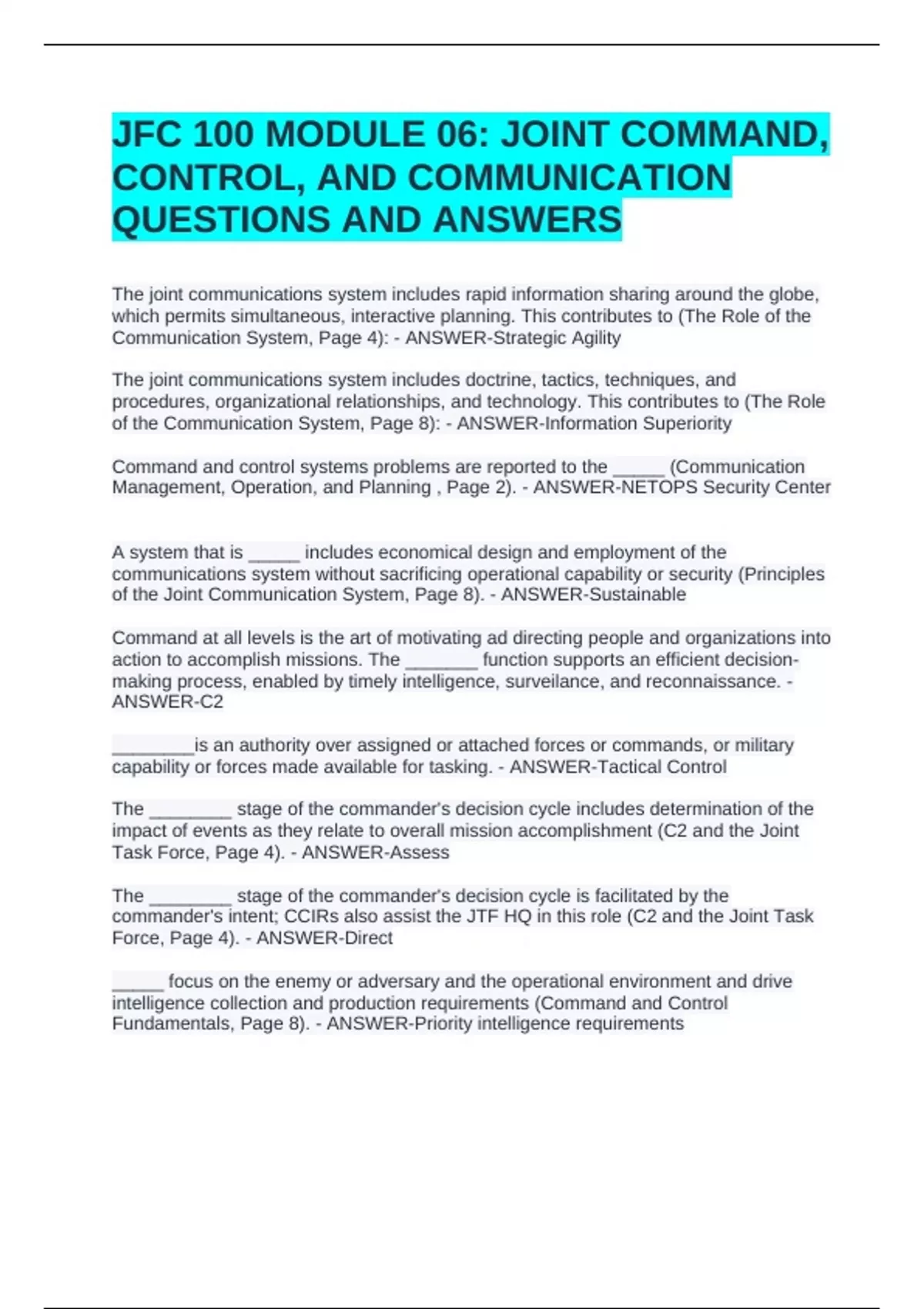 JFC 100 MODULE 06: JOINT COMMAND, CONTROL, AND COMMUNICATION QUESTIONS AND ANSWERS - JFC 100 ...
