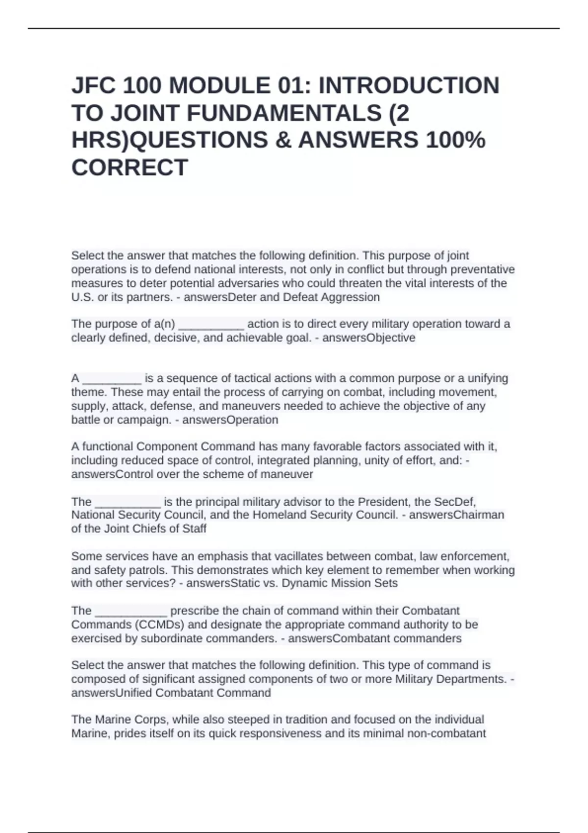 JFC 100 MODULE 01: INTRODUCTION TO JOINT FUNDAMENTALS (2 HRS)QUESTIONS & ANSWERS 100% CORRECT ...