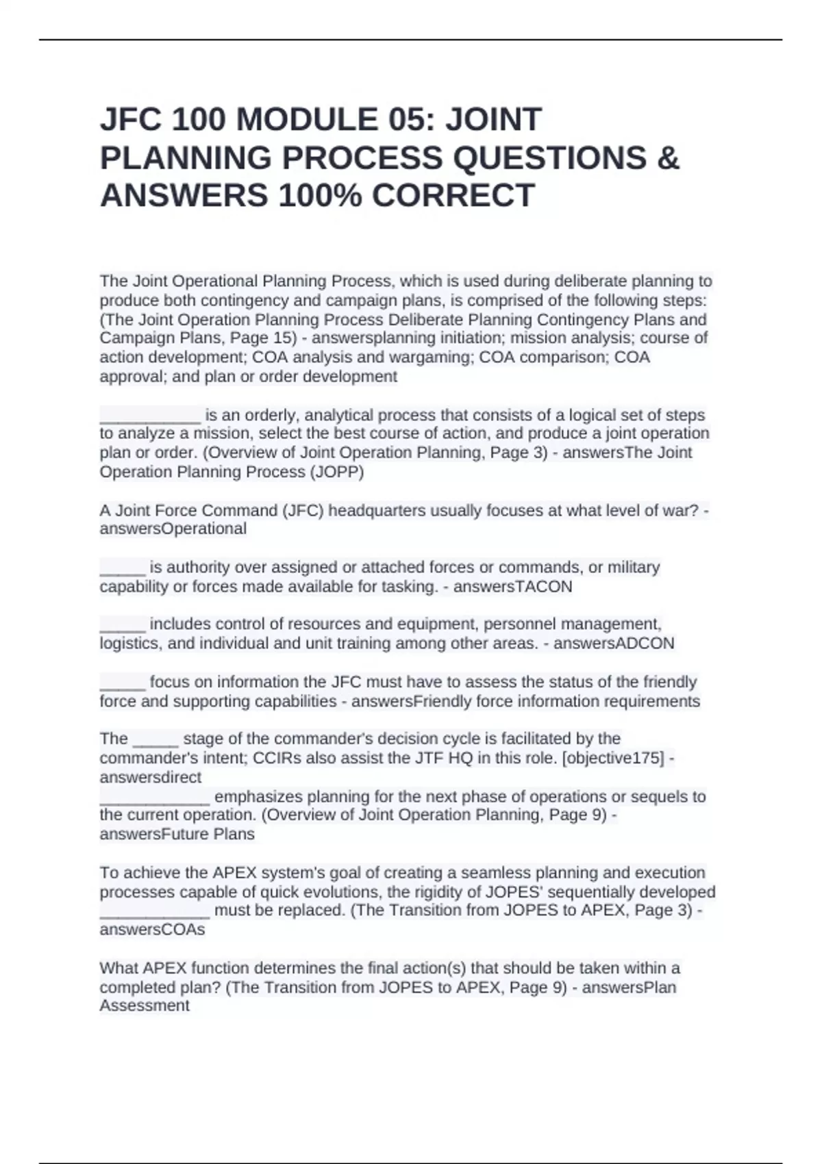 JFC 100 MODULE 05: JOINT PLANNING PROCESS QUESTIONS & ANSWERS 100% CORRECT - JFC 100 MODULE 05 ...