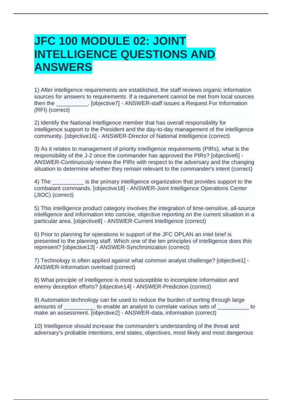JFC 100 MODULE 02: JOINT INTELLIGENCE QUESTIONS AND ANSWERS - JFC 100 ...
