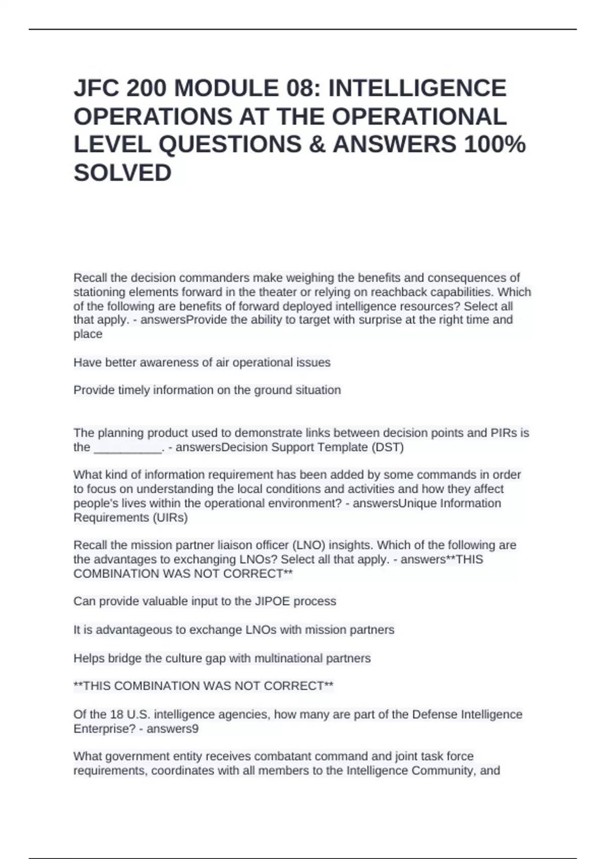 JFC 200 MODULE 08: INTELLIGENCE OPERATIONS AT THE OPERATIONAL LEVEL ...