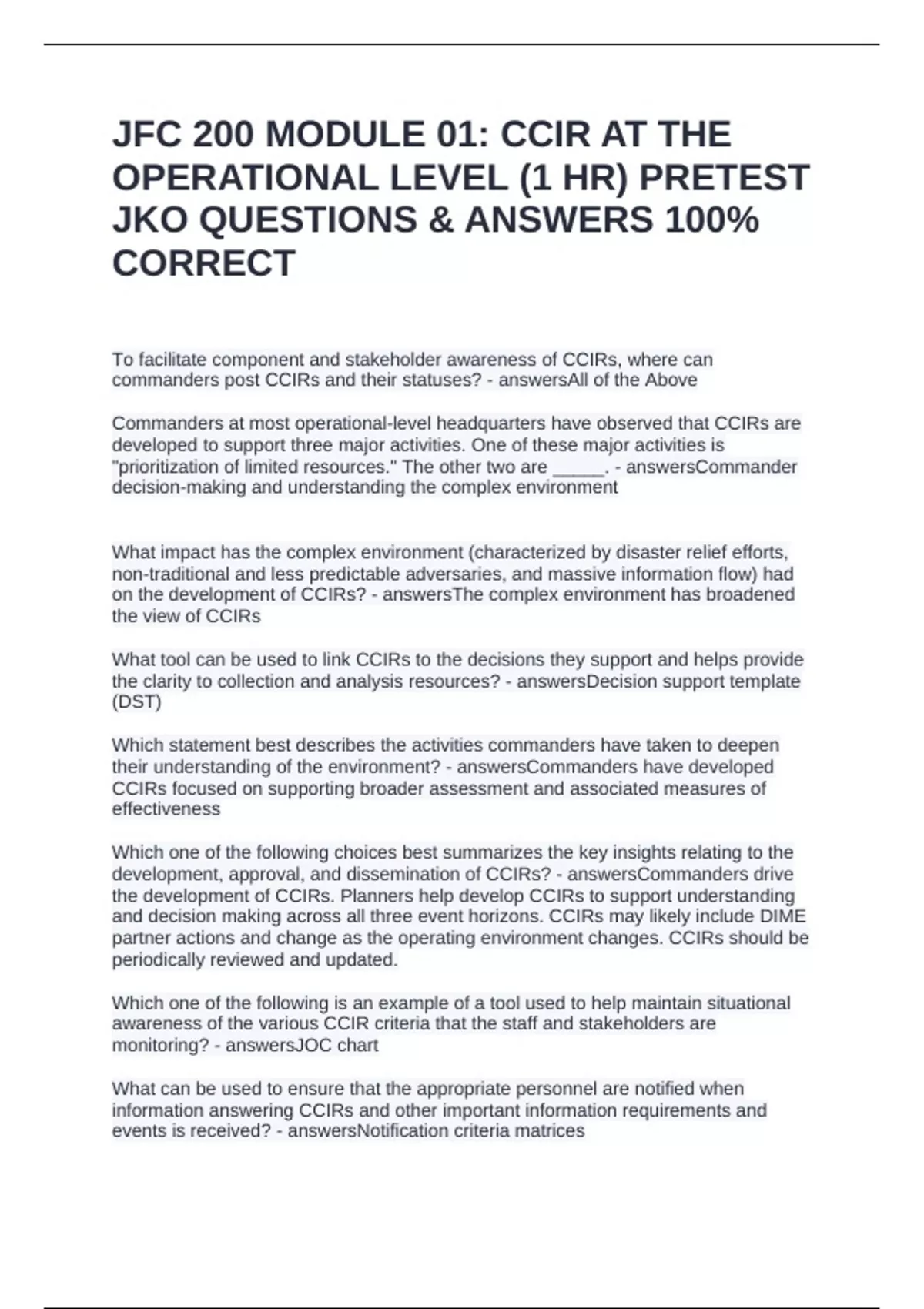 JFC 200 MODULE 01: CCIR AT THE OPERATIONAL LEVEL (1 HR) PRETEST JKO ...