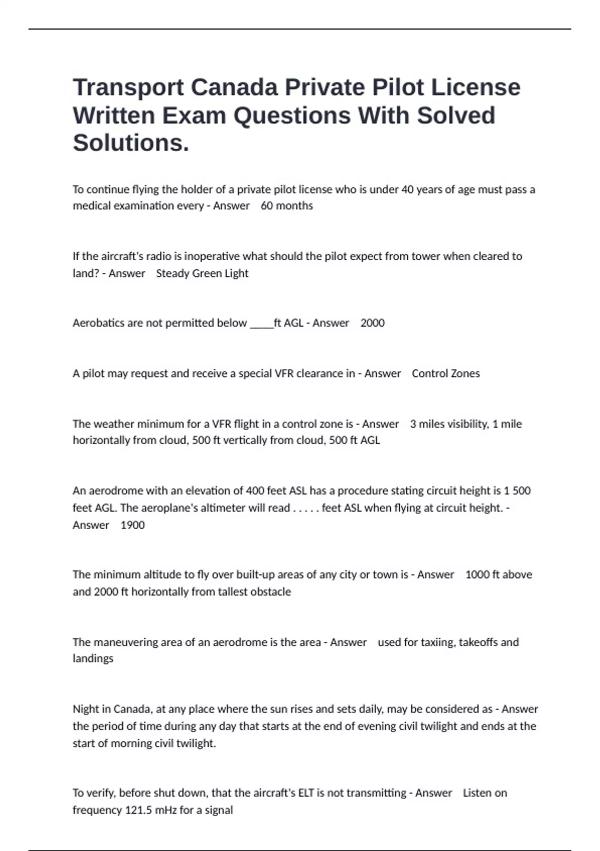 Transport Canada Private Pilot License Written Exam Questions With ...