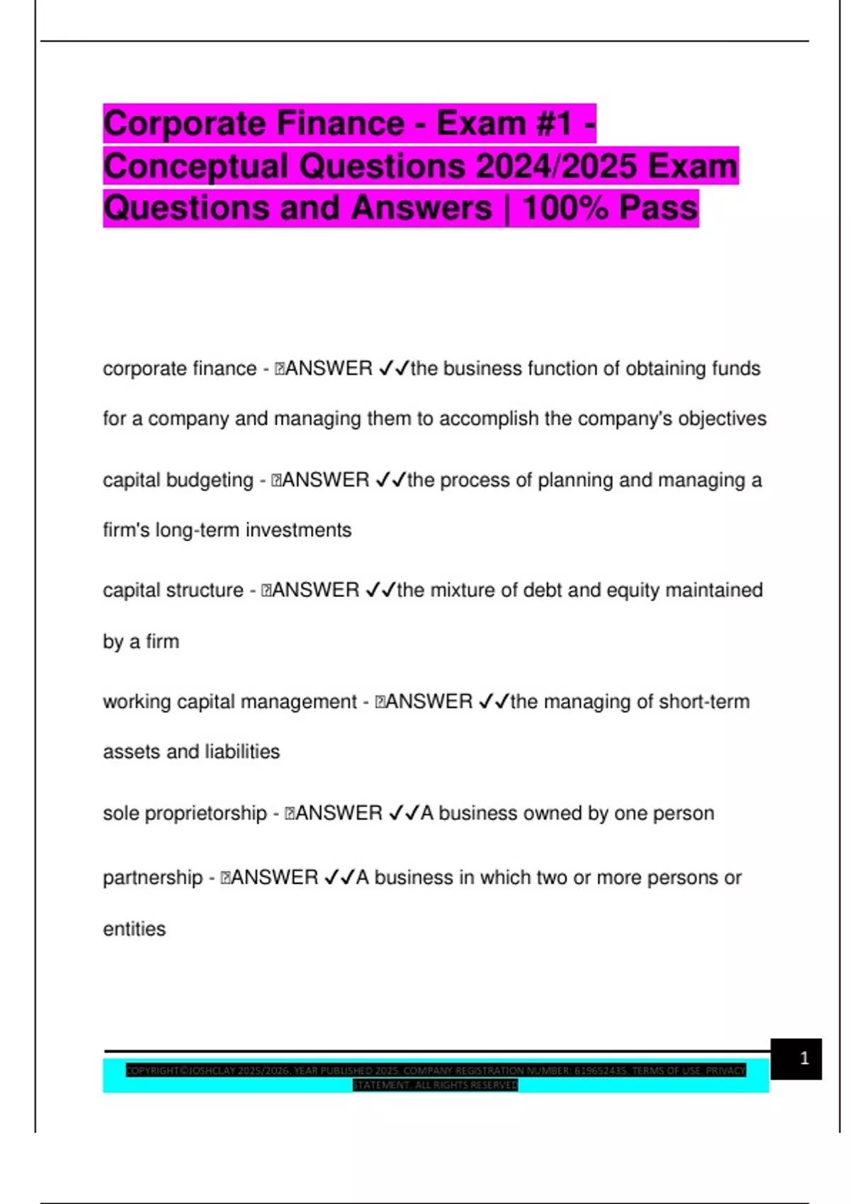 Corporate Finance - Exam #1 - Conceptual Questions 2024/2025 Exam ...