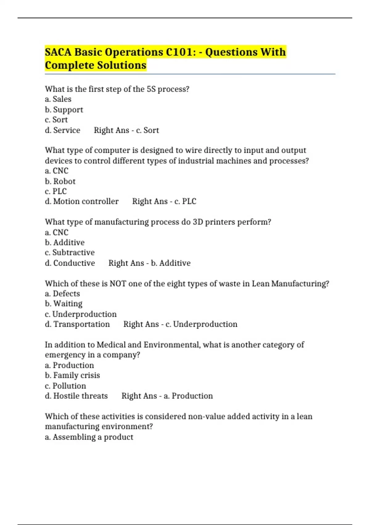 SACA Basic Operations C101: - Questions With Complete Solutions - SACA ...