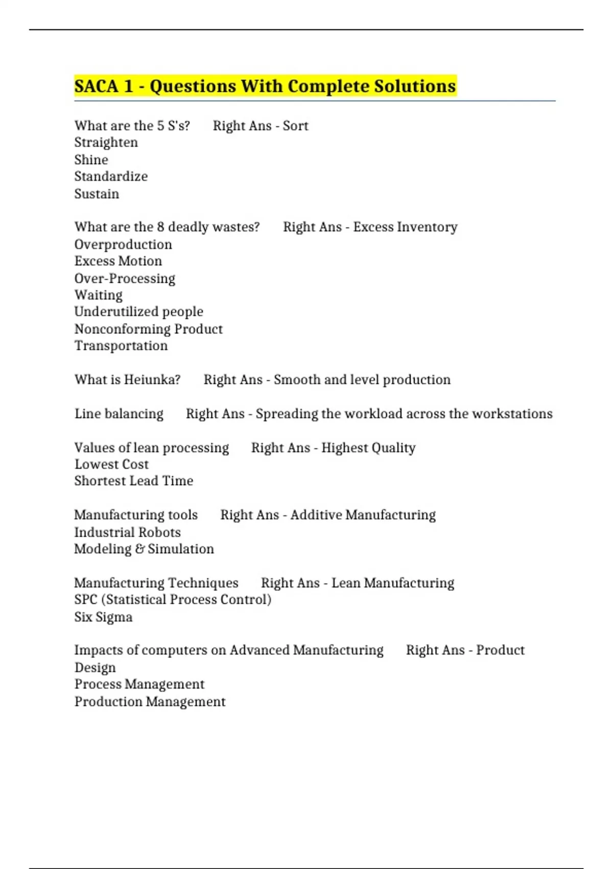 SACA 1 - Questions With Complete Solutions - SACA - Stuvia US