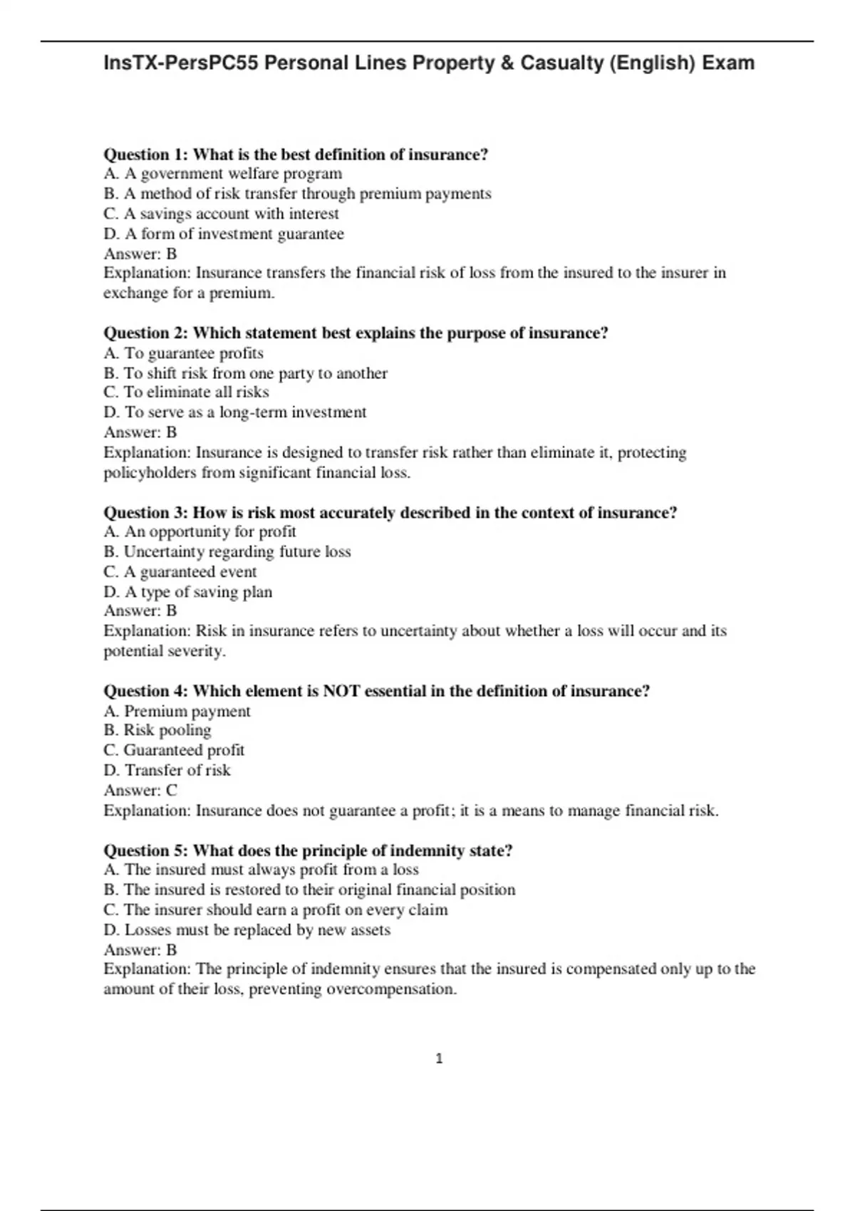 InsTX-PersPC55 Personal Lines Property & Casualty (English) Exam ...