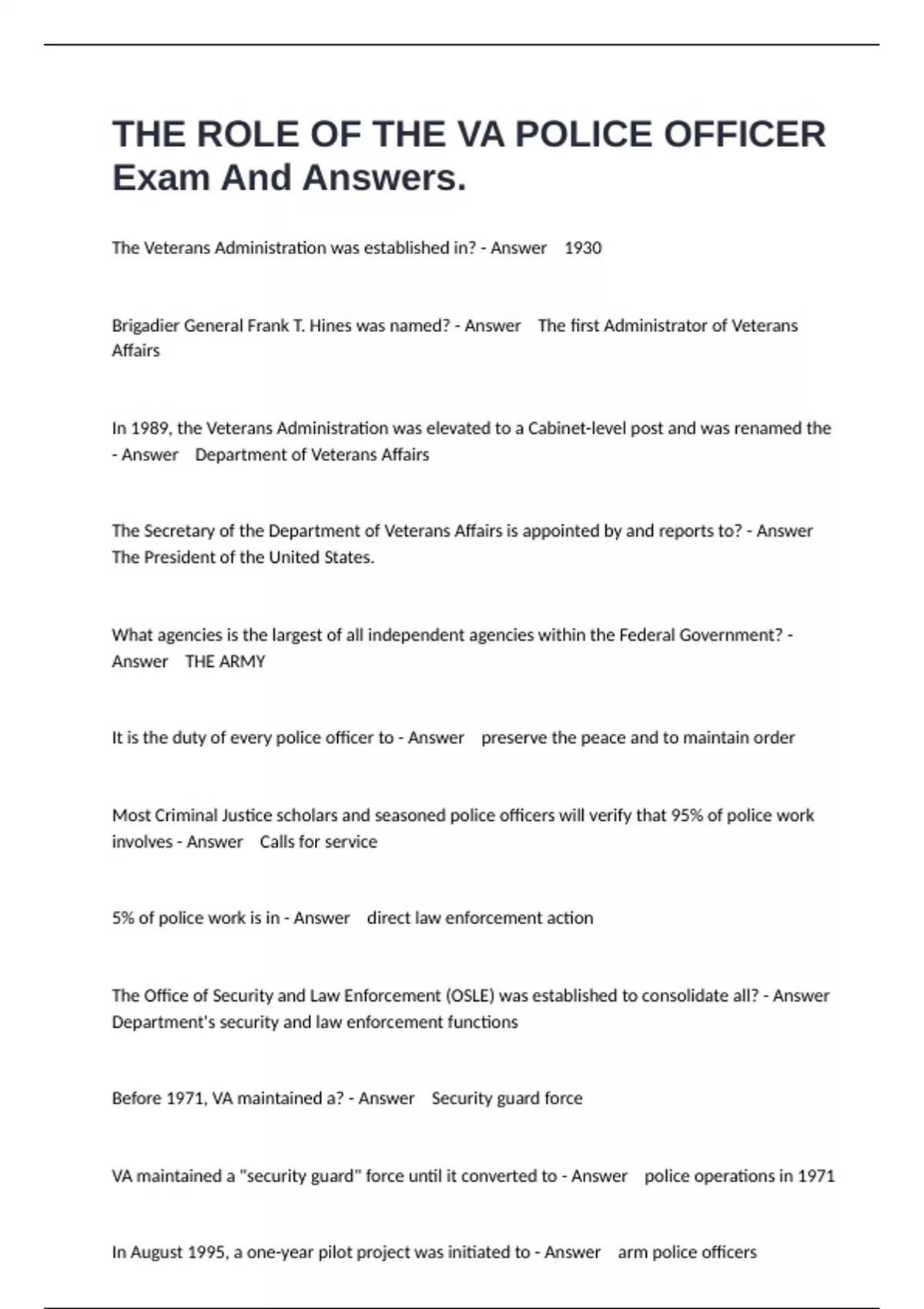 VA POLICE EXAM ( Questions And 100% Correct Answers)PACKAGE DEAL BUNDLE ...