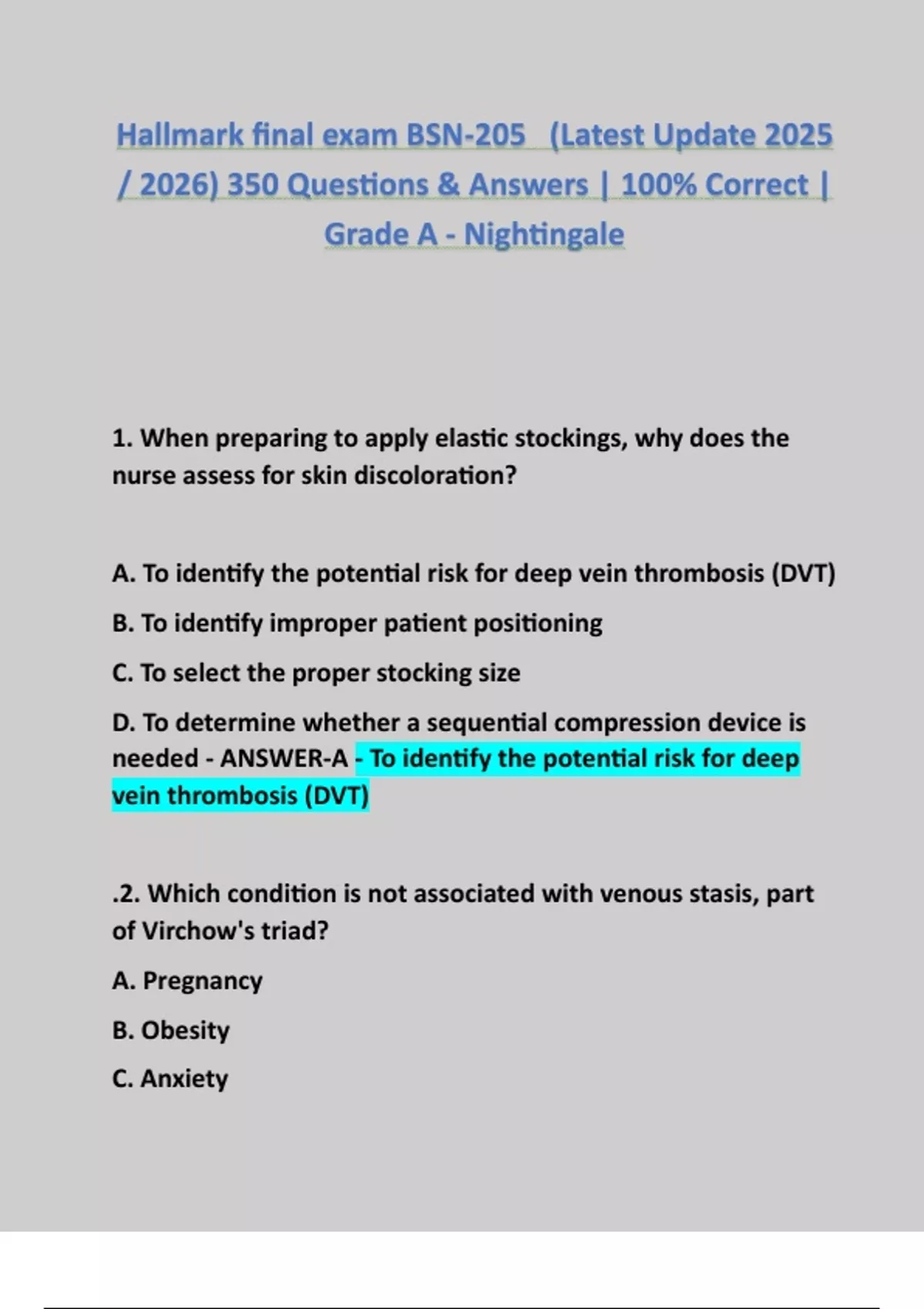 Hallmark final exam BSN-205 (Latest Update 2025 / 2026) 350 Questions ...