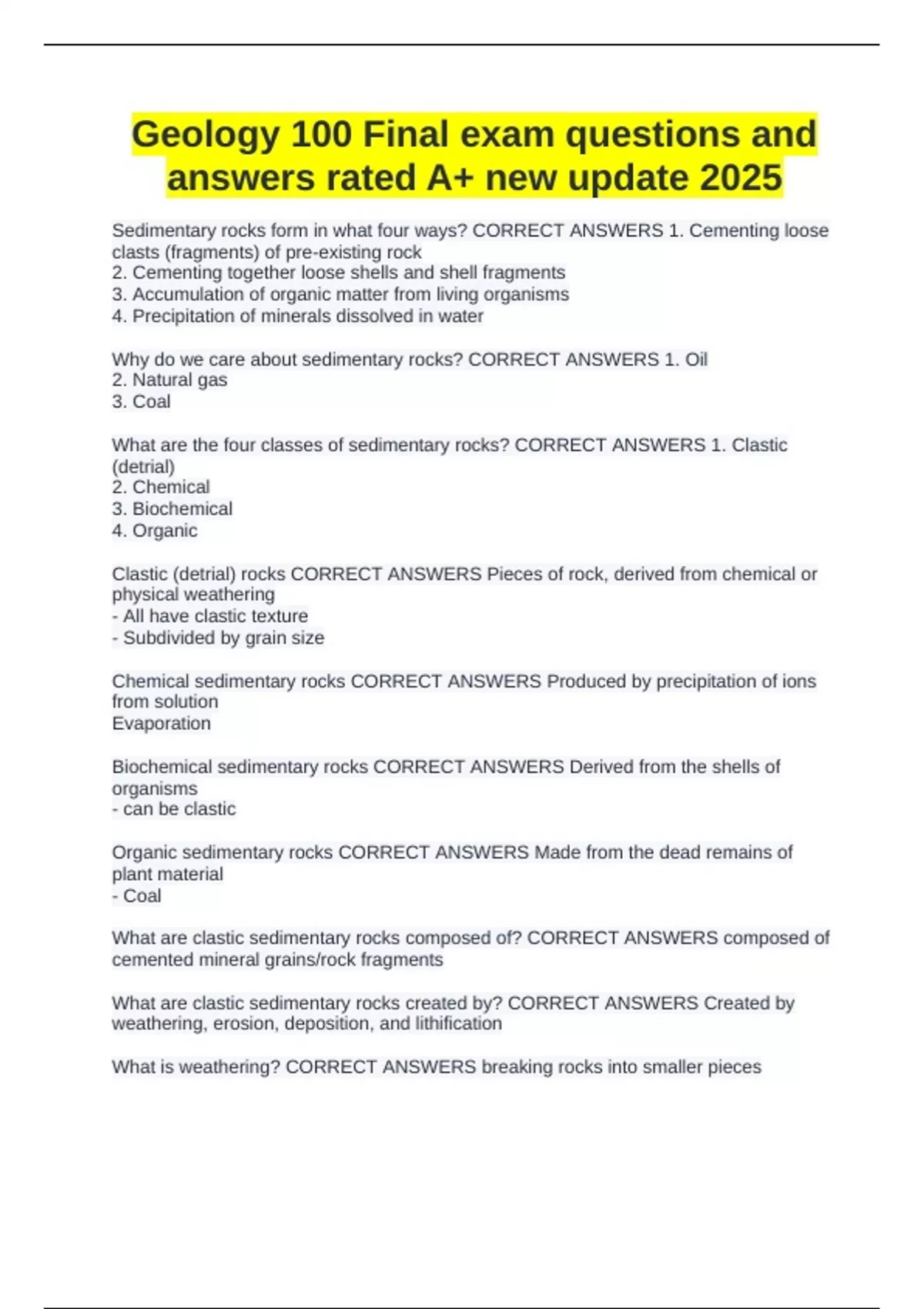 Geology 100 Final exam questions and answers rated A+ new update 2025 ...