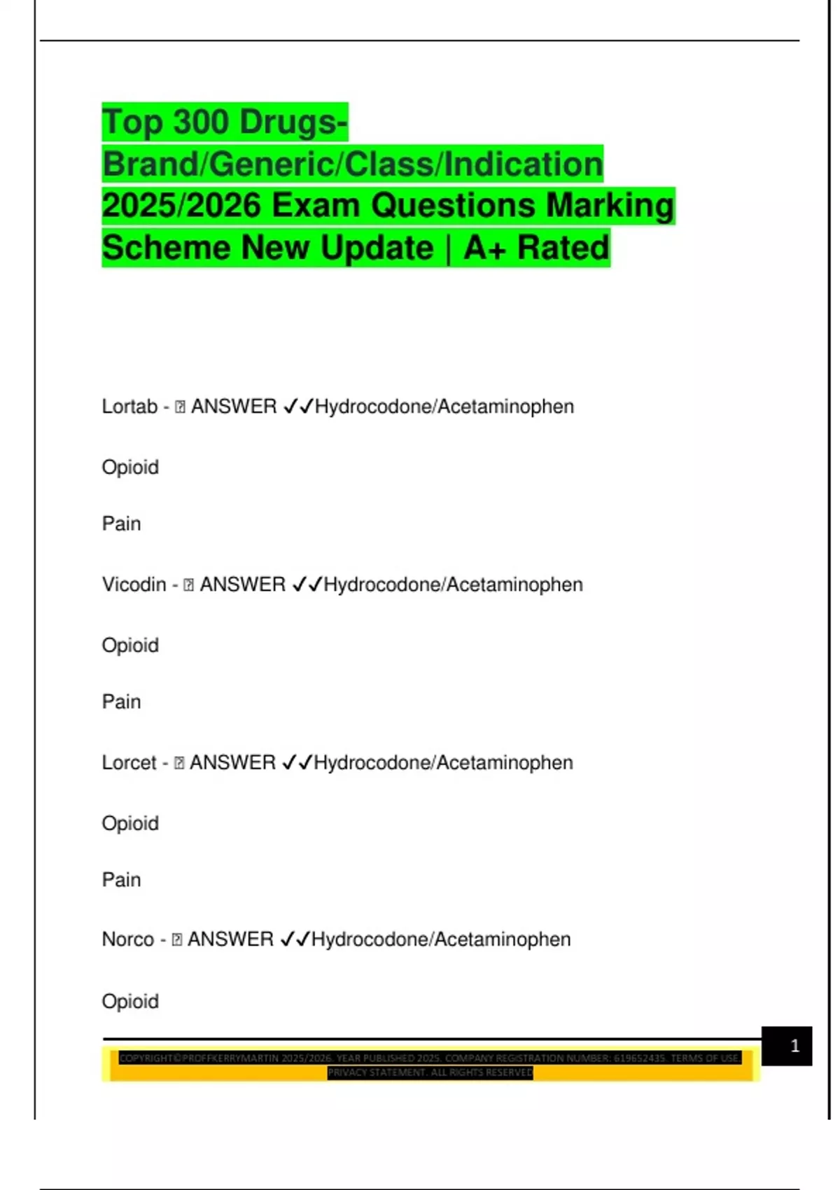 Top 300 Drugs Brand/Generic/Class/Indication 2025/2026 Exam Questions Marking Scheme New Update ...