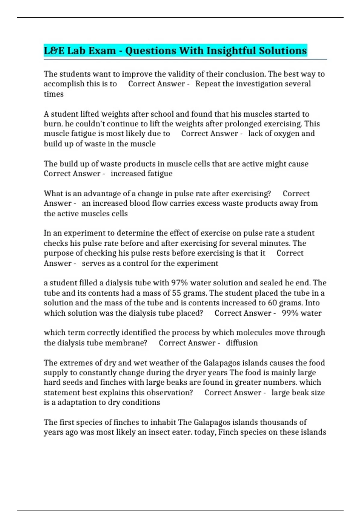 L&E Lab Exam - Questions With Insightful Solutions - L&E - Stuvia US