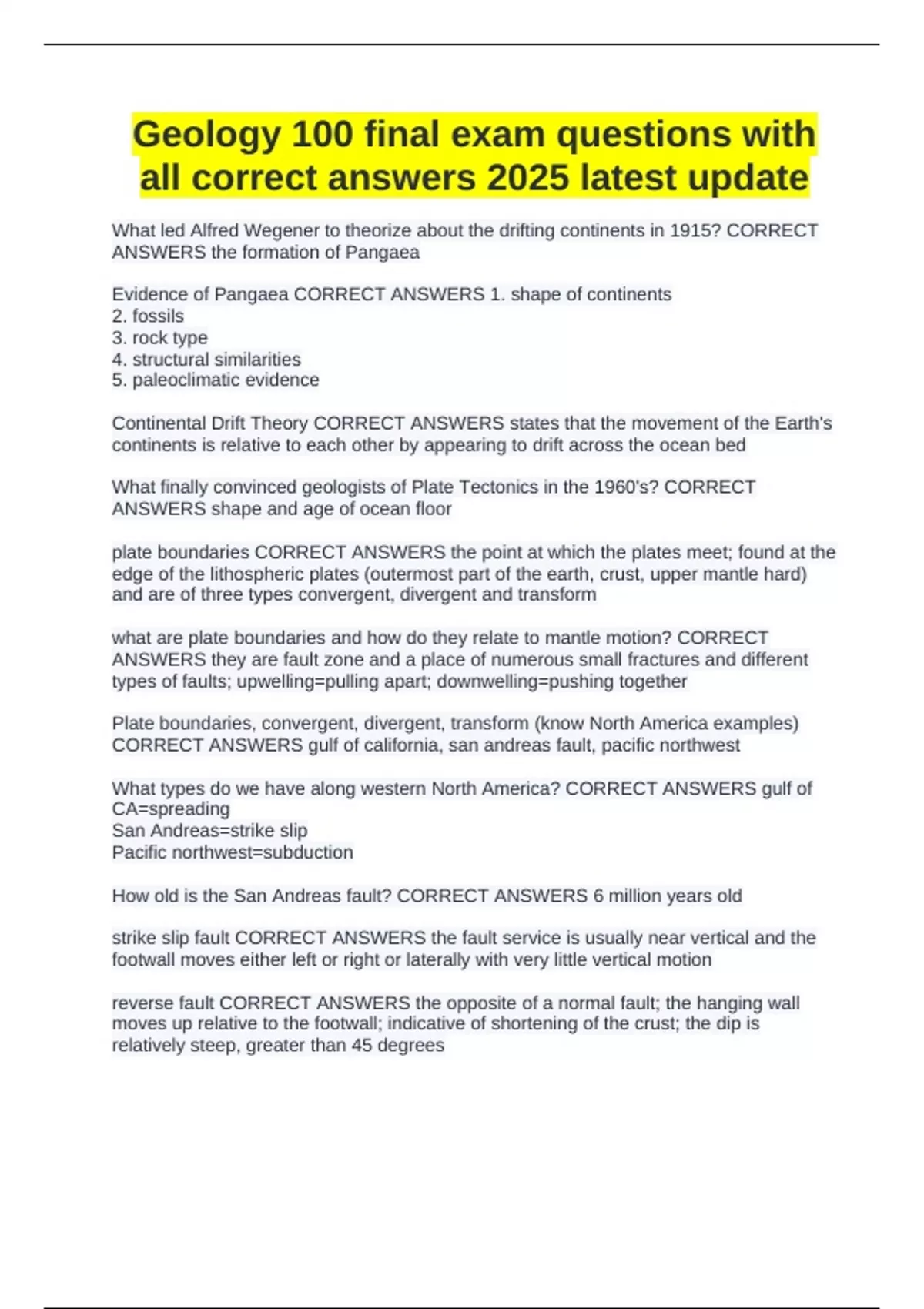 Geology 100 final exam questions with all correct answers 2025 latest ...