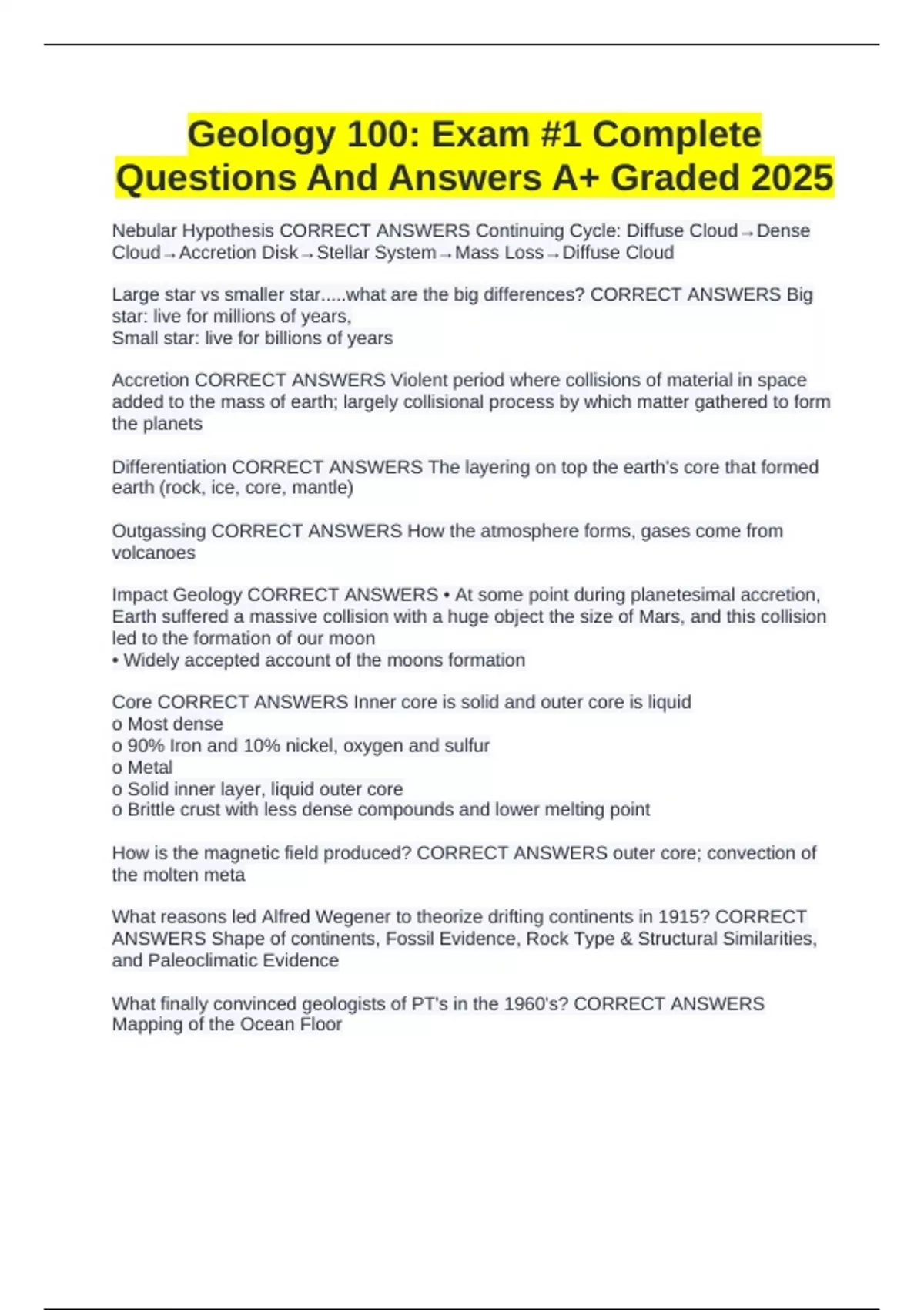 Geology 100: Exam #1 Complete Questions And Answers A+ Graded 2025 ...