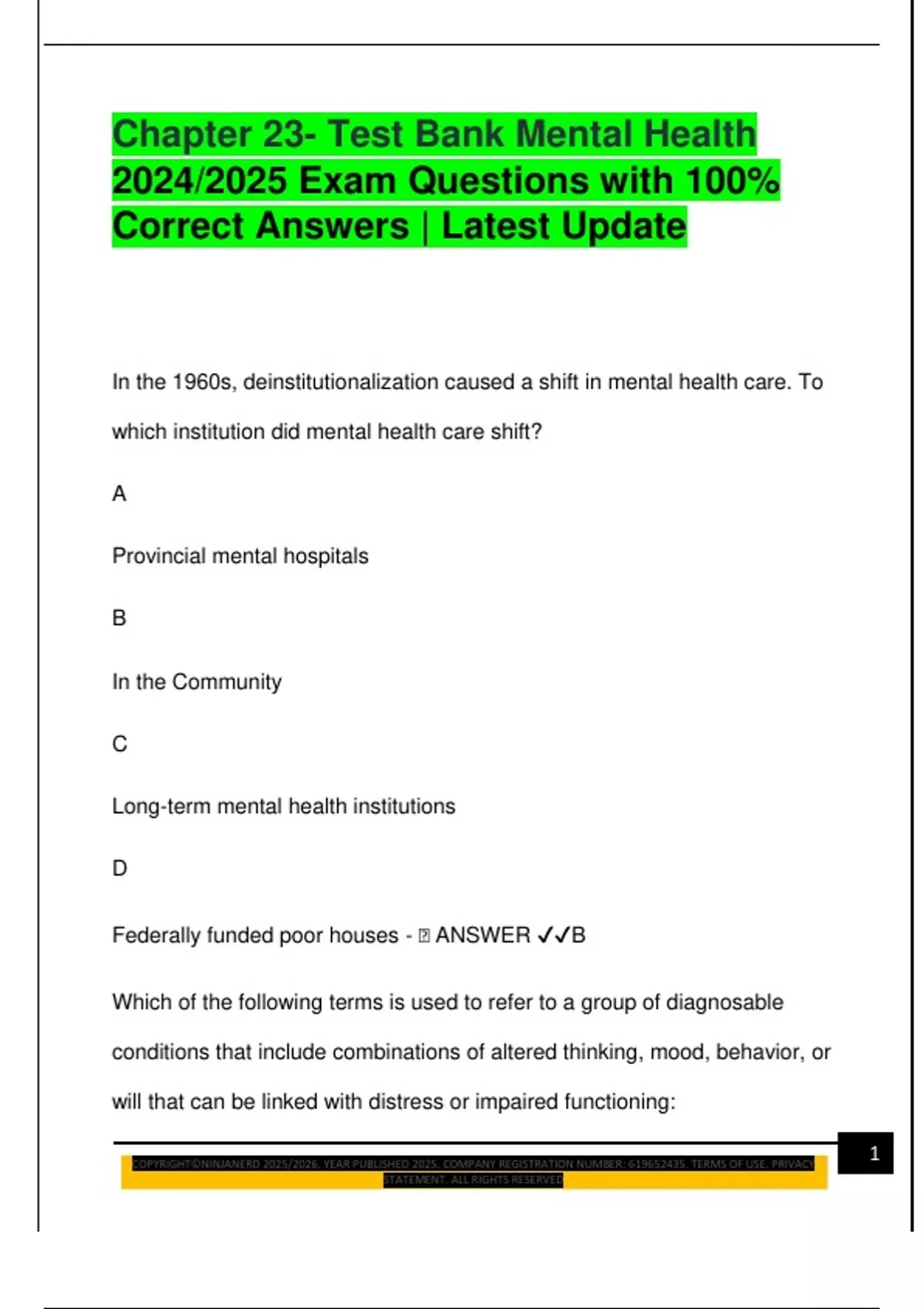 Chapter 23- Test Bank Mental Health 2024/2025 Exam Questions with 100% ...