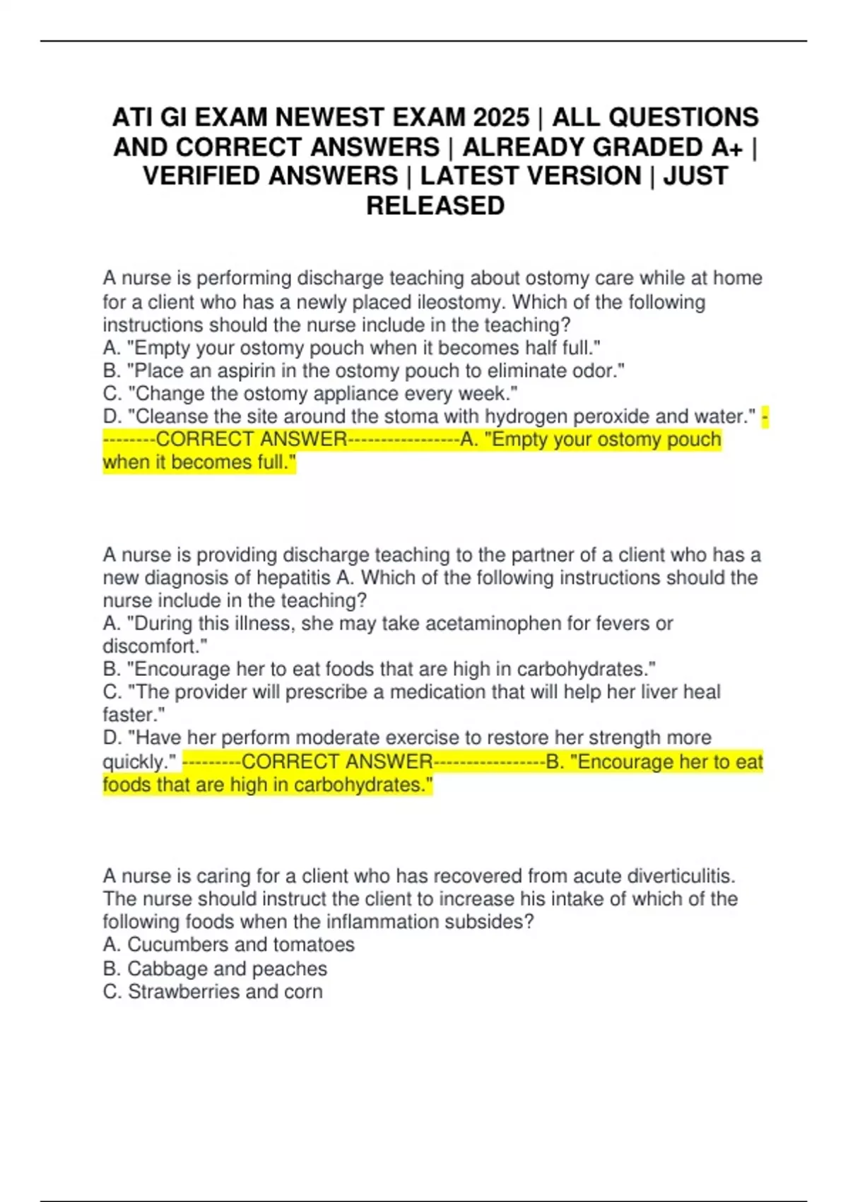 ATI GI EXAM NEWEST EXAM 2025 | ALL QUESTIONS AND CORRECT ANSWERS ...