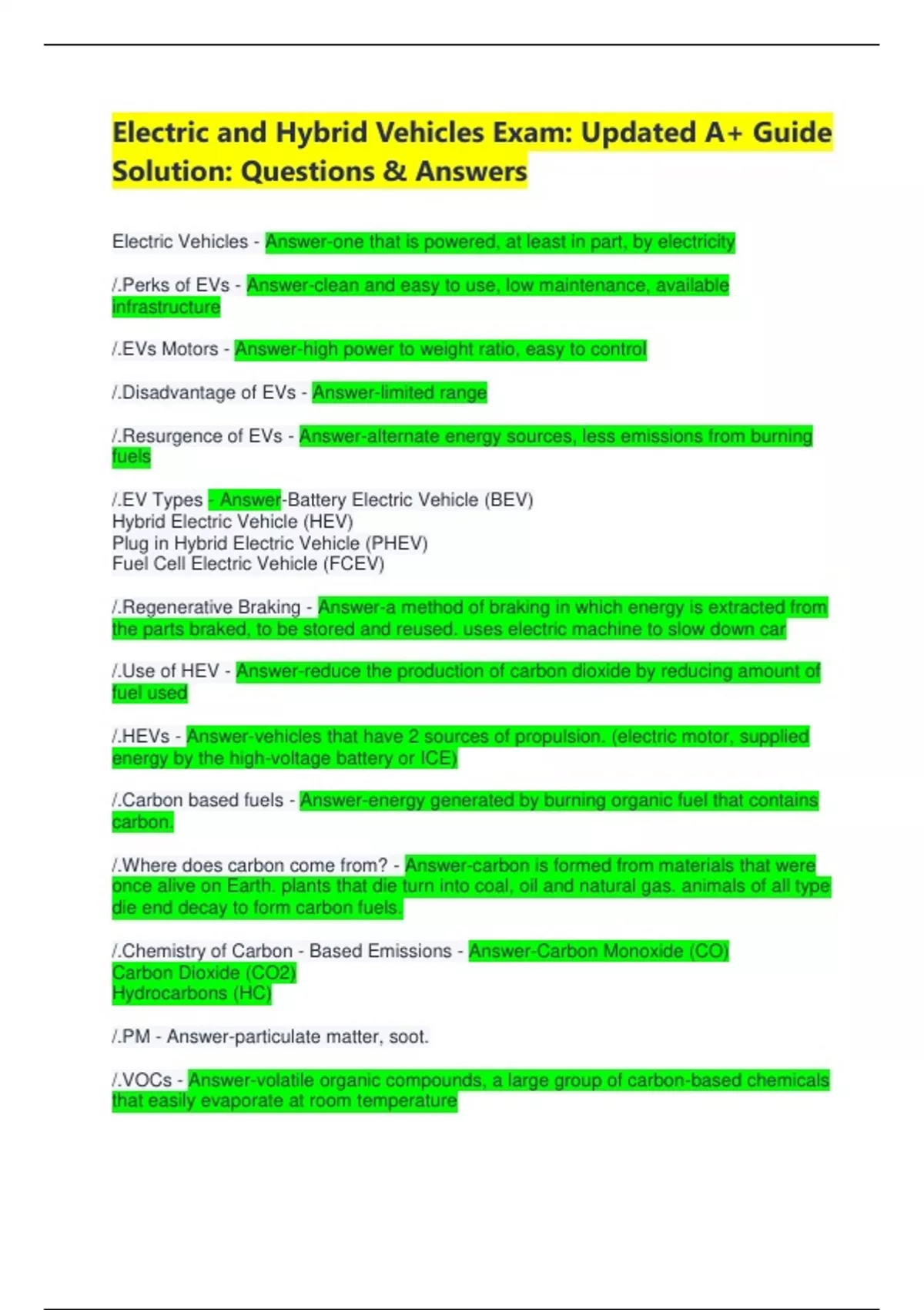 Electric and Hybrid Vehicles Exam: Updated A+ Guide Solution: Questions ...