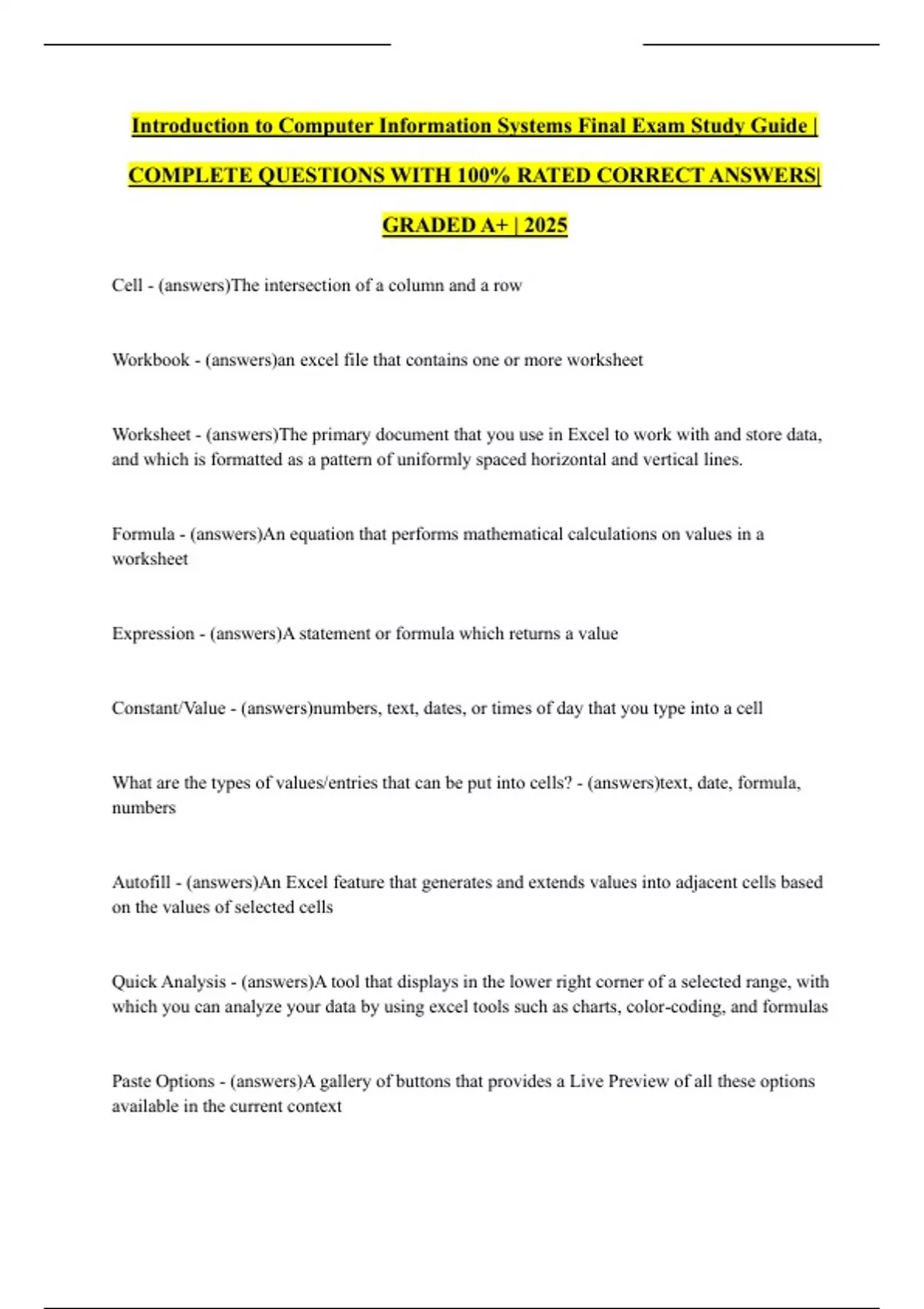 Introduction to Computer Information Systems Final Exam Study Guide ...