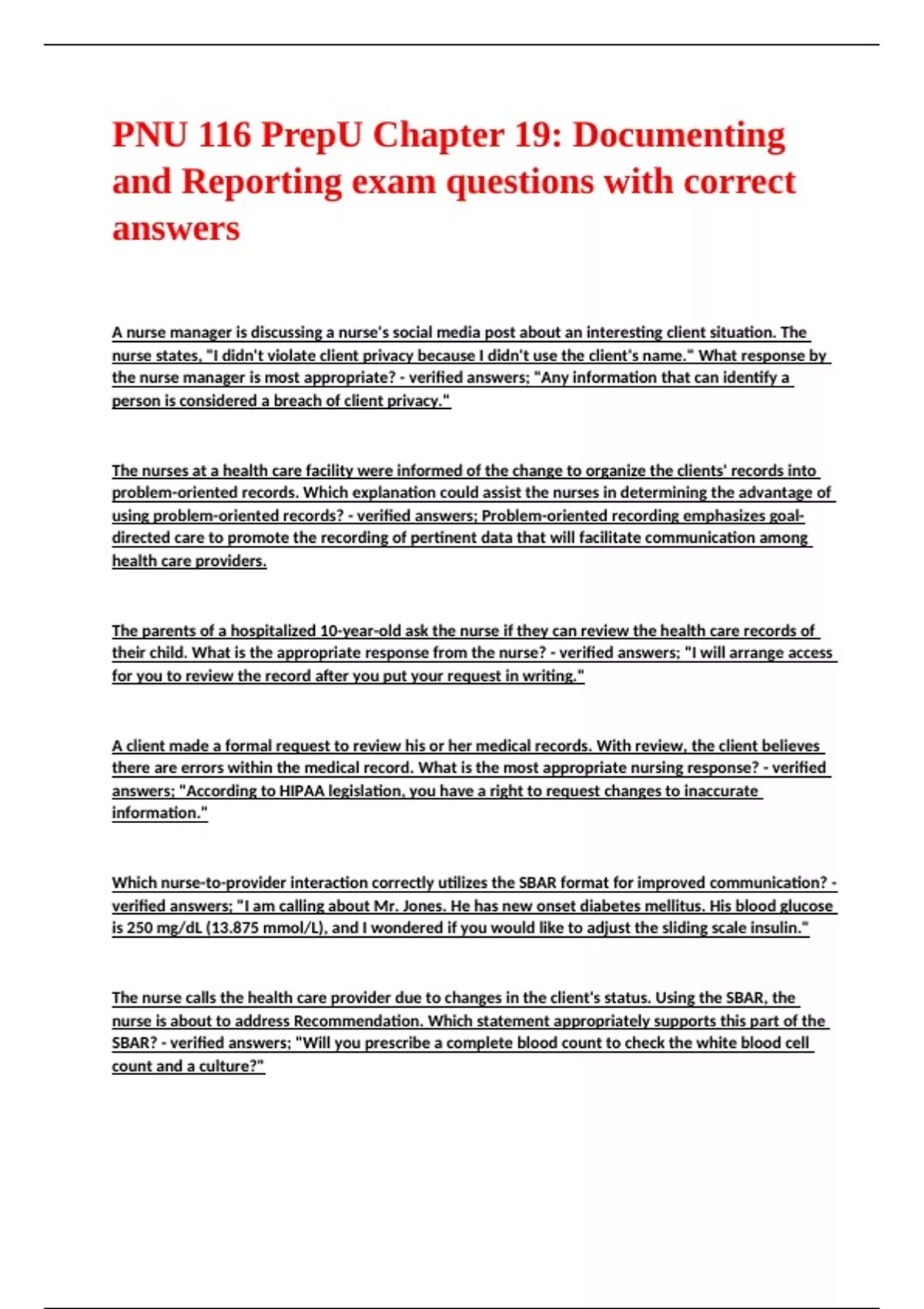 PNU 116 PrepU Chapter 19- Documenting and Reporting exam questions with correct answers - PNU ...